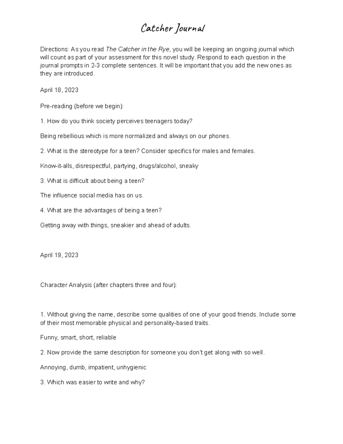 Catcher Journal - Directions: As you read The Catcher in the Rye, you ...