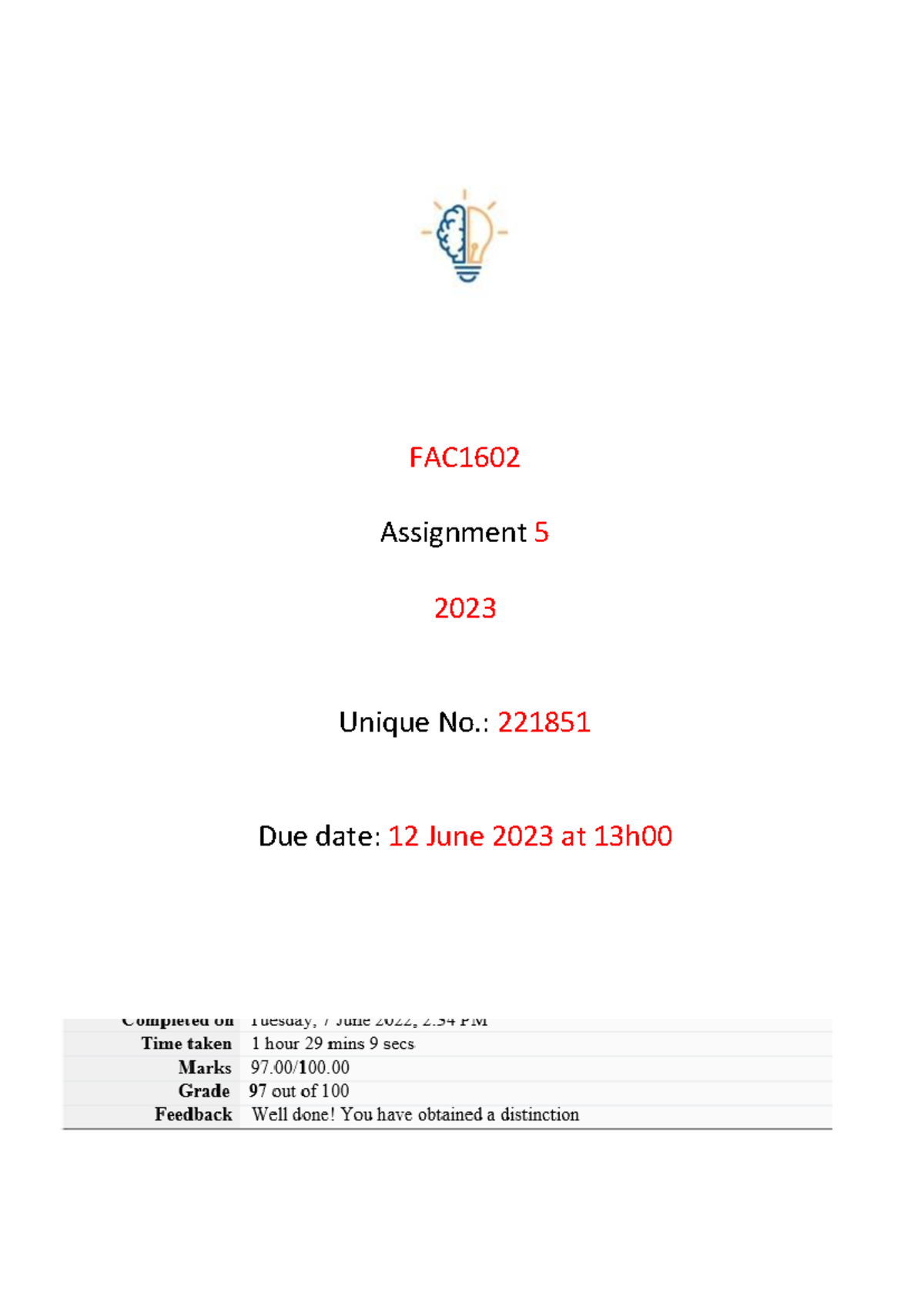 FAC1602 A5 - Assignment 5 2023 - Due date: 12 June 2023 at 13h - FAC ...