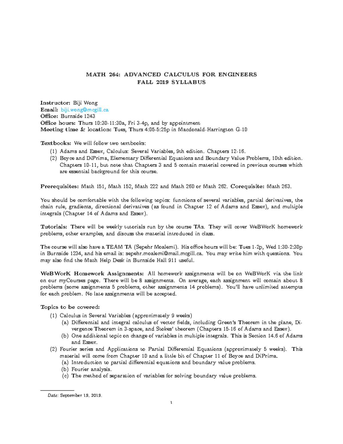 Syllabus Math 264 Fall 2019 6 - MATH 264: ADVANCED CALCULUS FOR ...