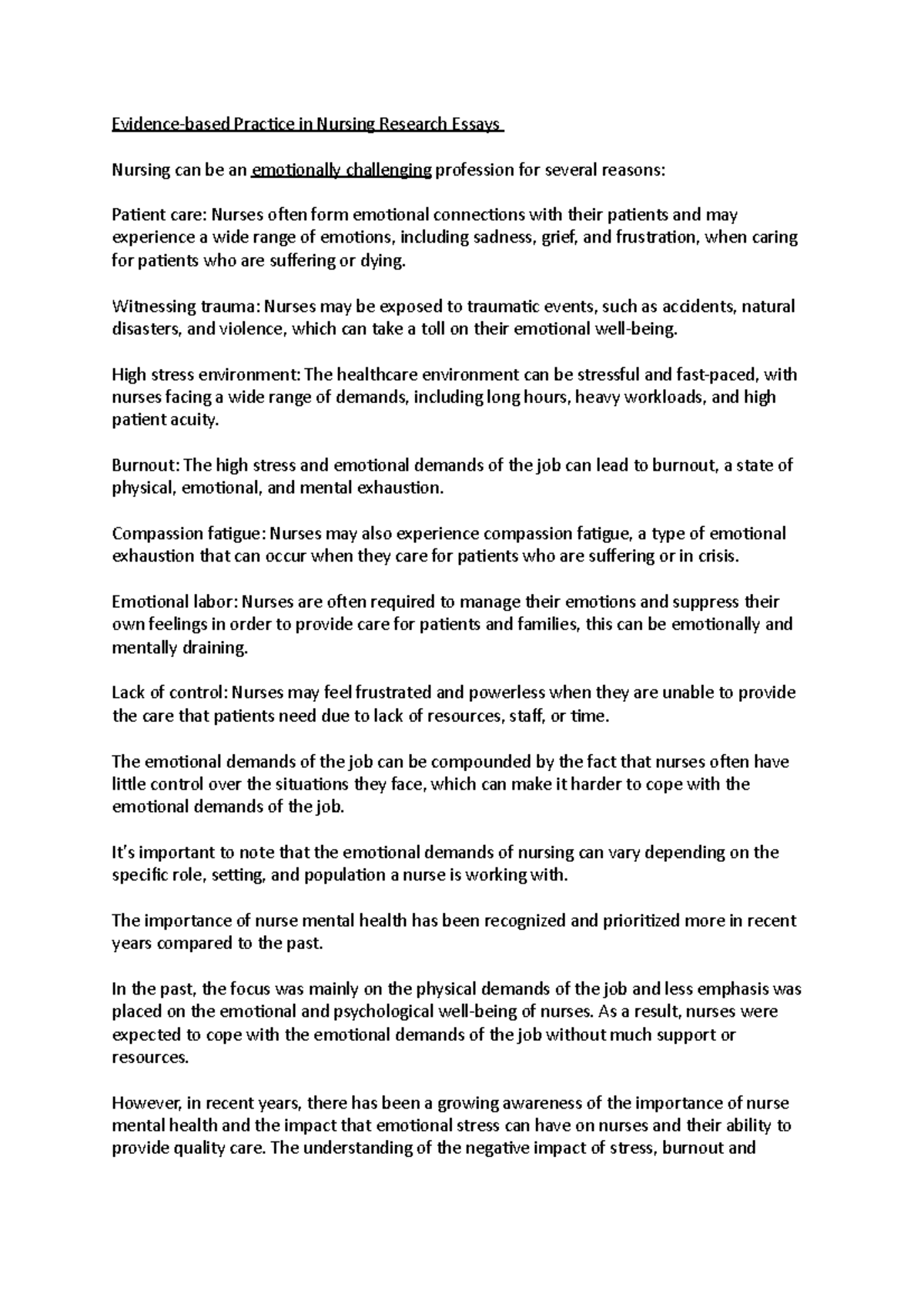 Evidence-based Practice in Nursing Research Essays Nursing emotionally ...