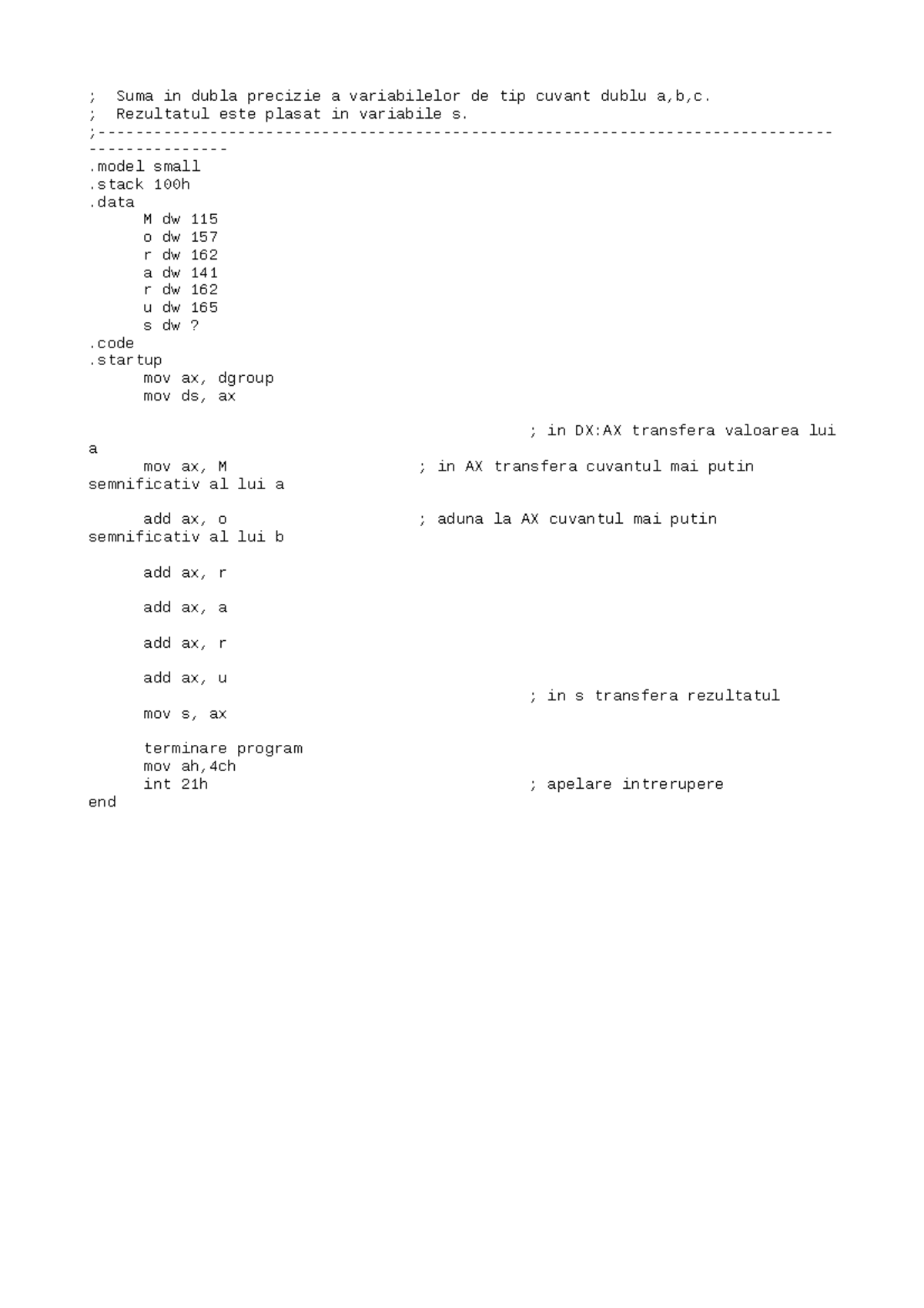 Sum Name - Suma in dubla precizie a variabilelor de tip cuvant dublu a ...