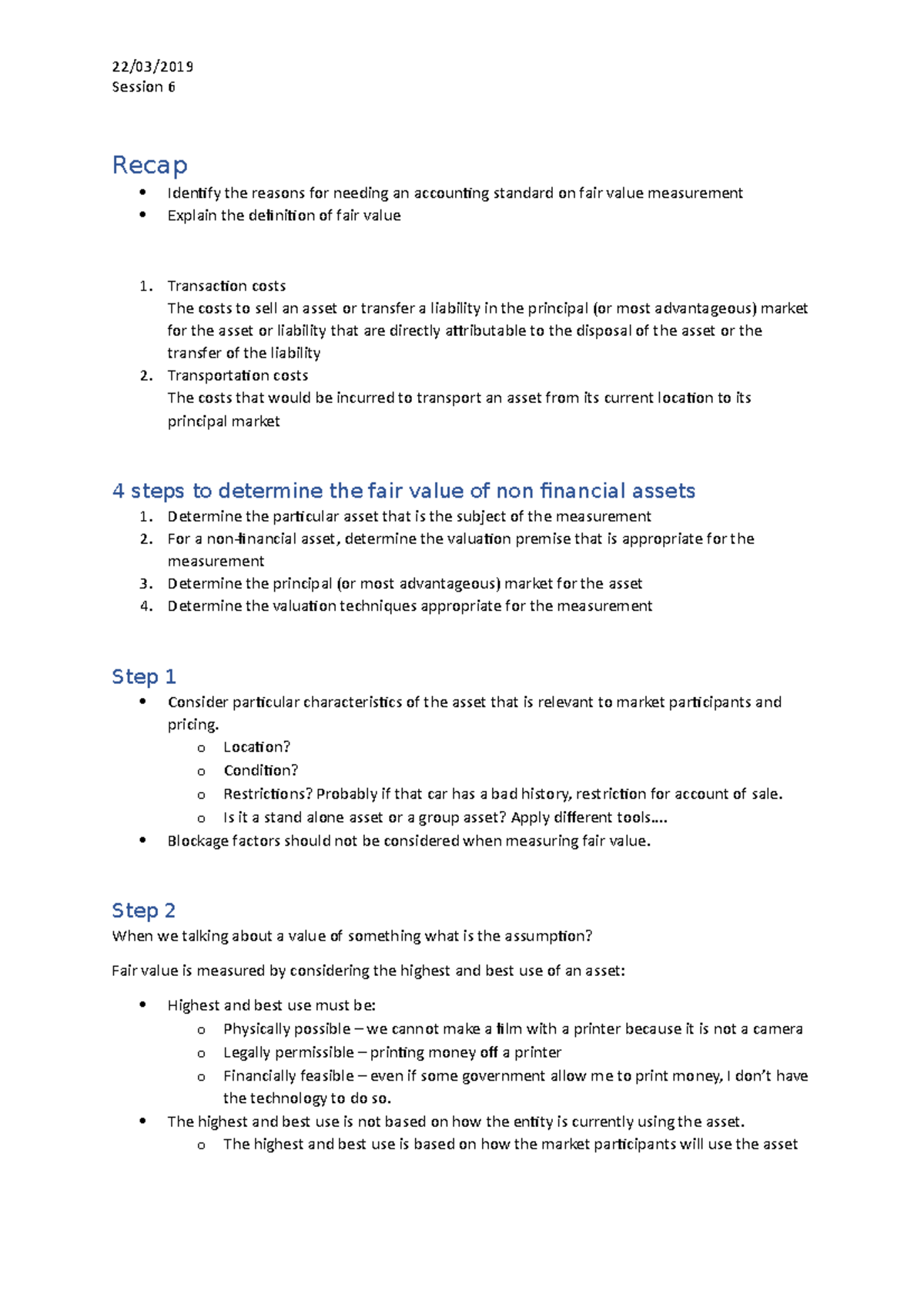 Session 6 Fair value measurement 2 - Session 6 Recap Identify the ...