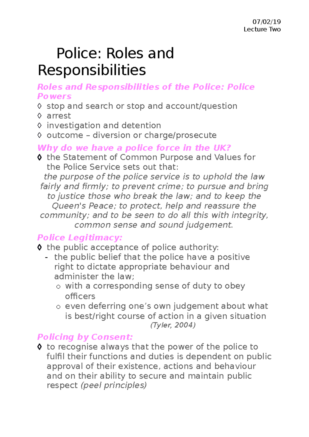 Criminal Justice - Lecture 6 - Lecture Two Police: Roles and ...