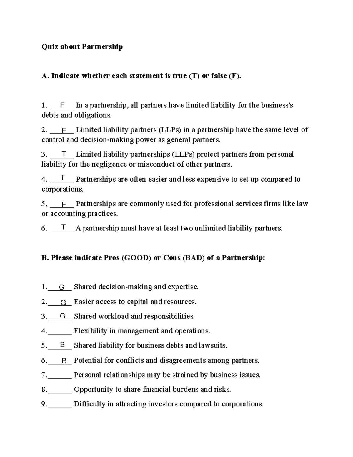 Quiz about Partnership - Indicate whether each statement is true (T) or ...