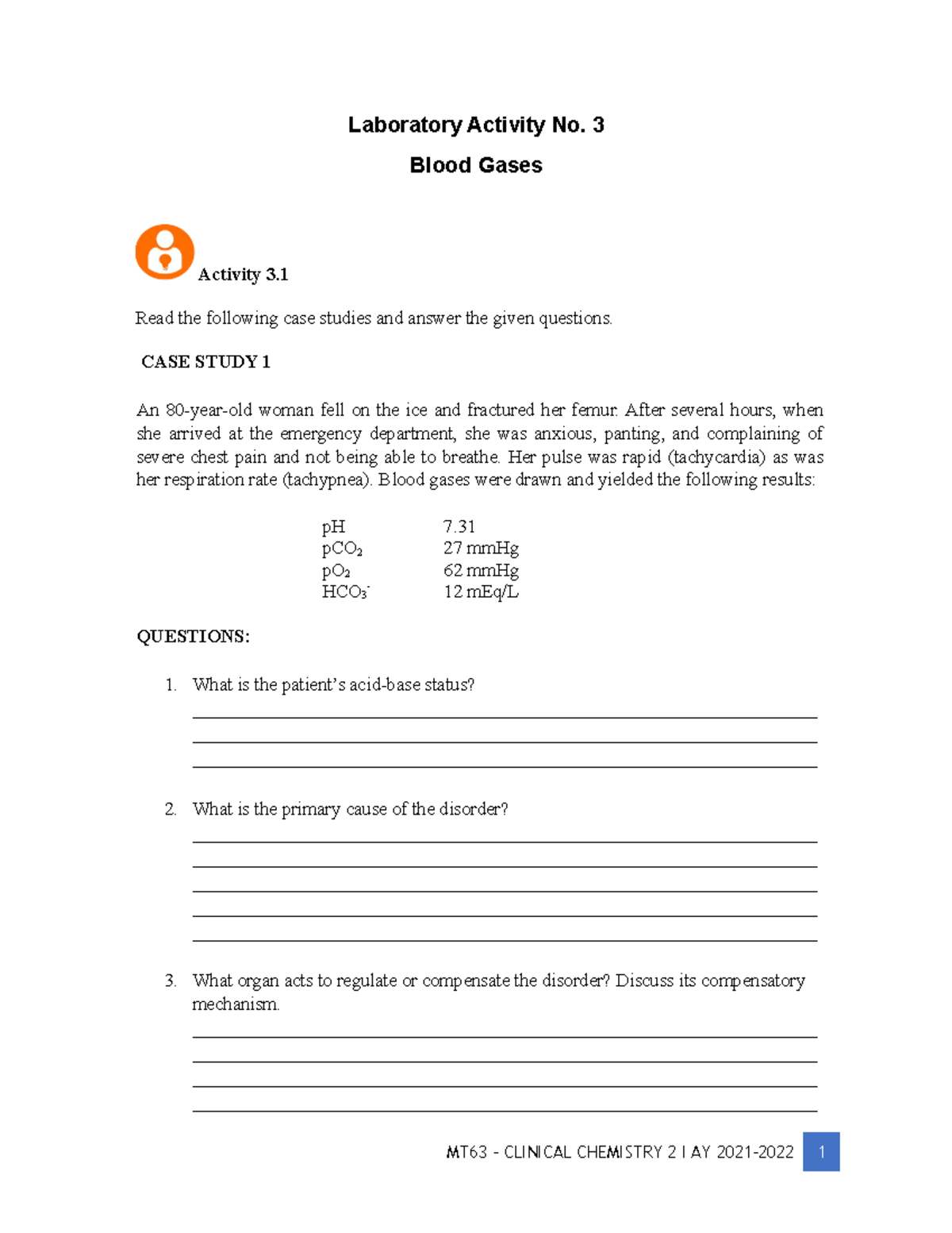 LA3 - Blood Gases Case Study - Laboratory Activity No. 3 Blood Gases ...