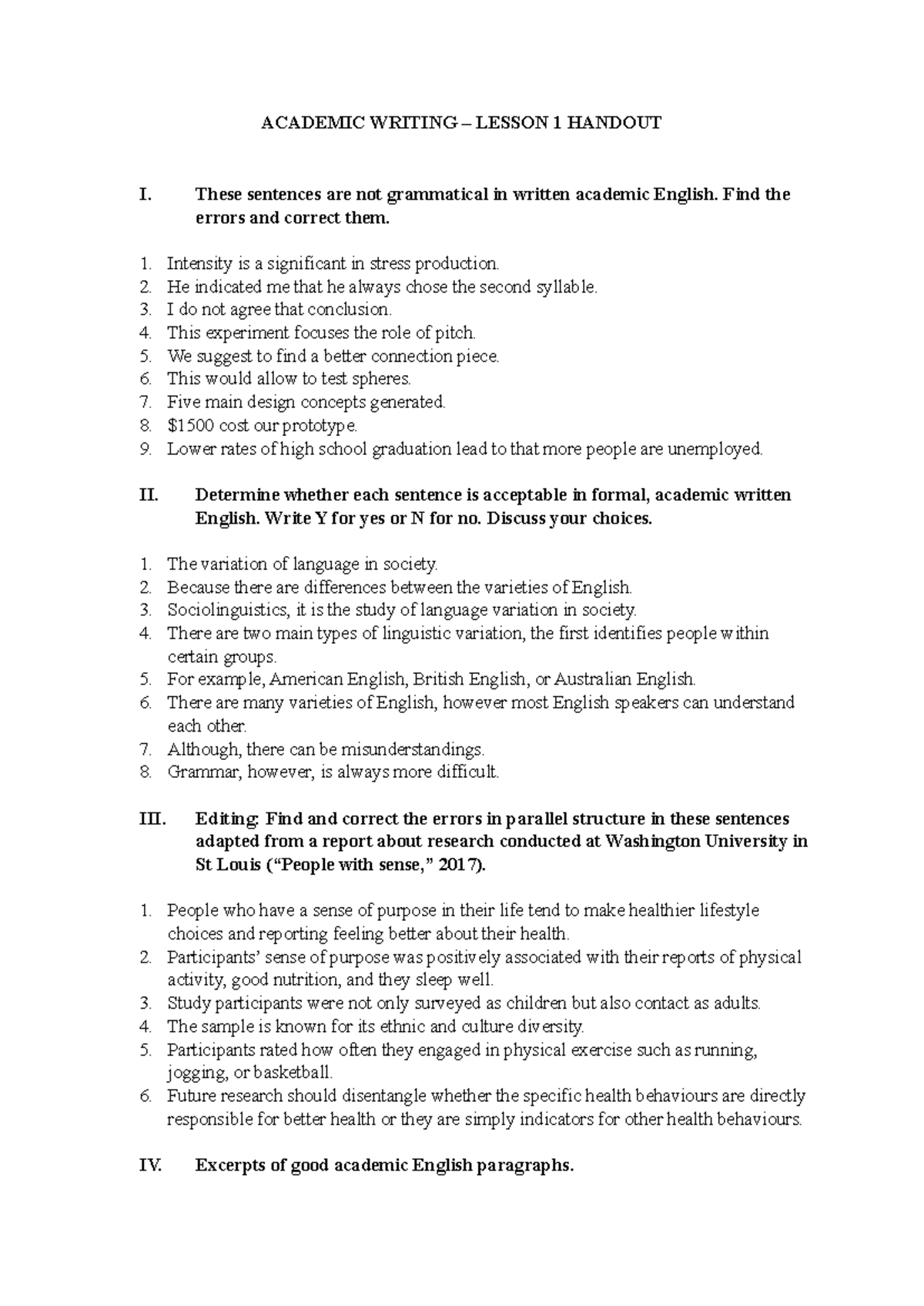 AC - Lesson 1 Handout - ACADEMIC WRITING – LESSON 1 HANDOUT I. These ...