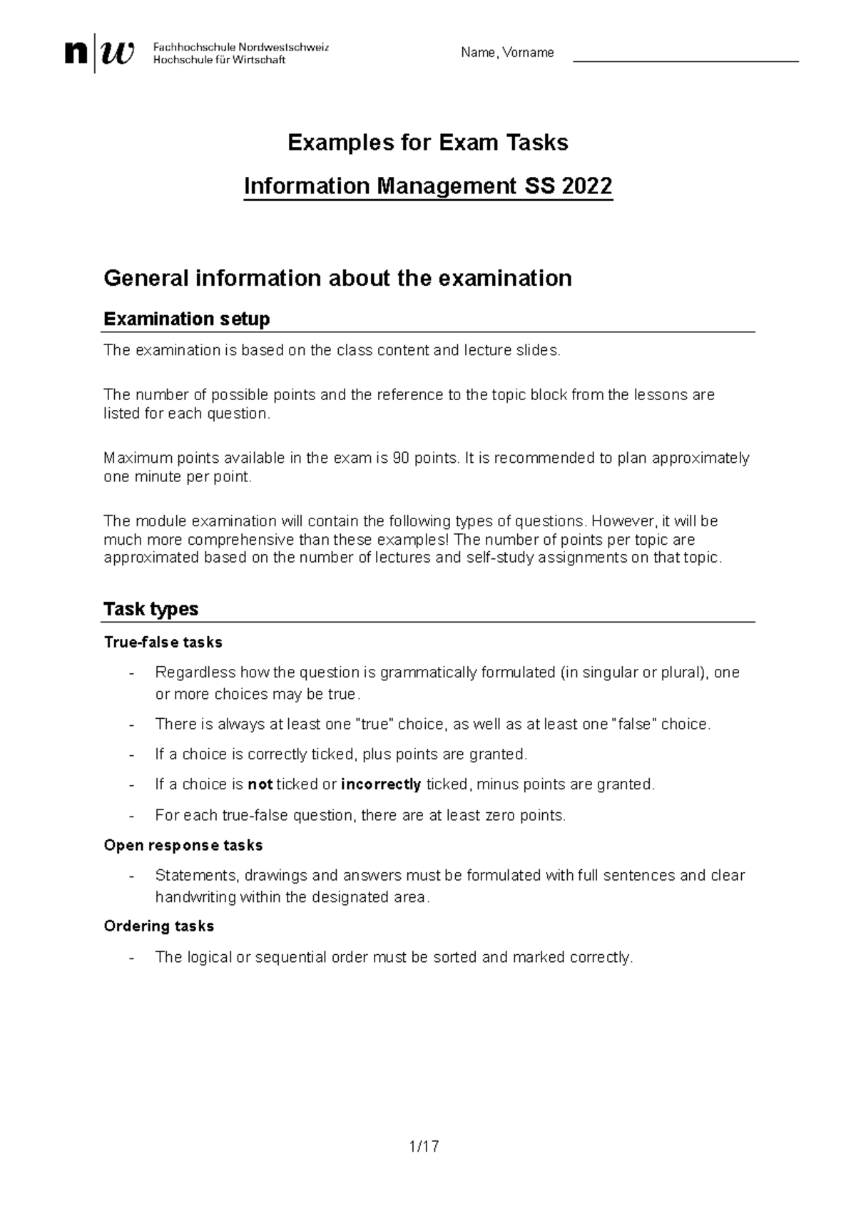 Sample Exam Tasks Information Management SS2022 - Examples for Exam ...