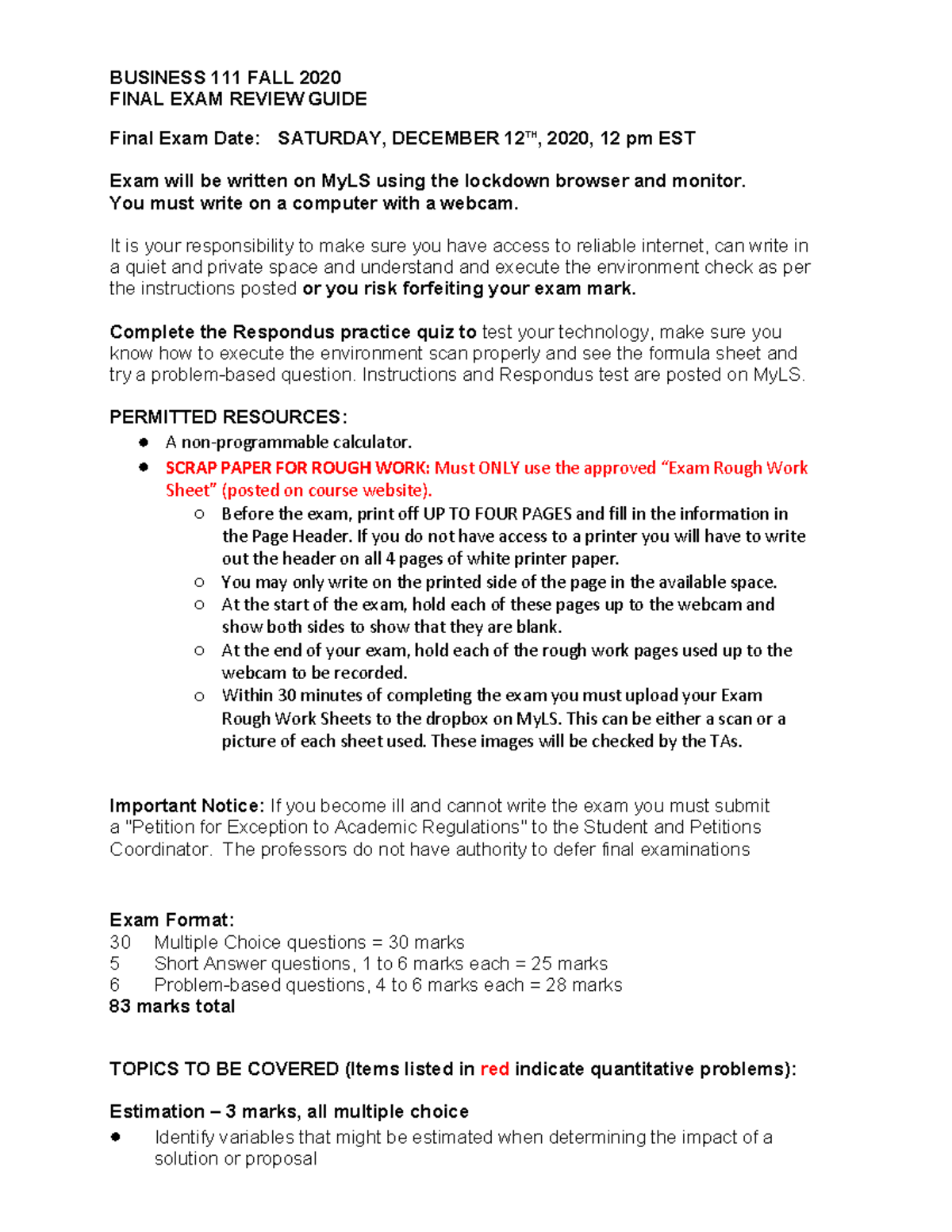 Exam Outline for BU111 with mark breakdown - BUSINESS 111 FALL 2020 ...
