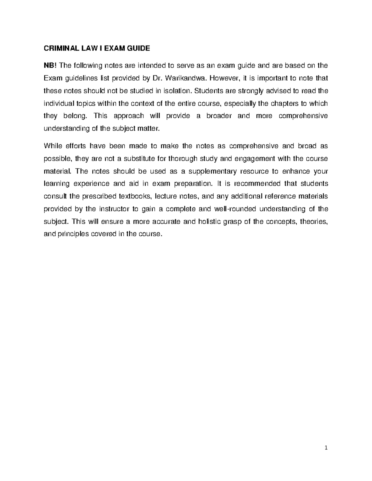 Criminal LAW I EXAM Guide updated version - CRIMINAL LAW I EXAM GUIDE ...