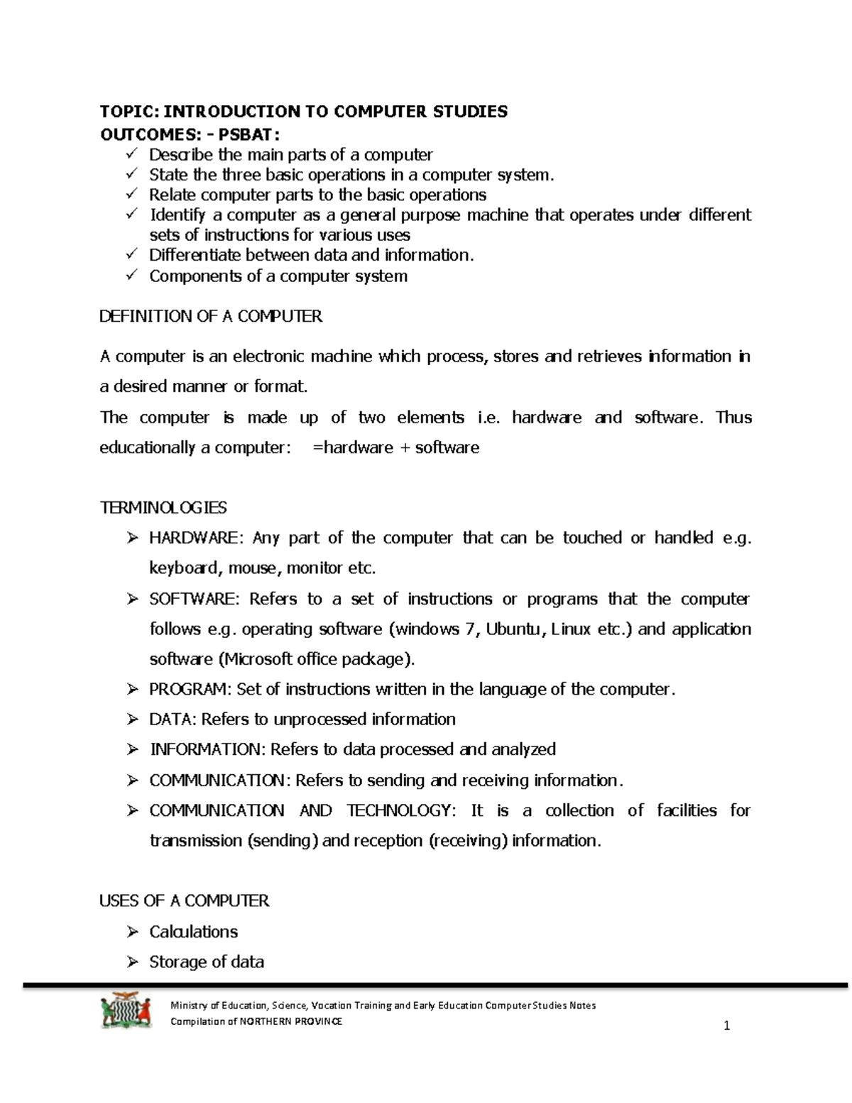380512307 Grade 8 Computer Studies Notes - Ministry of Education ...