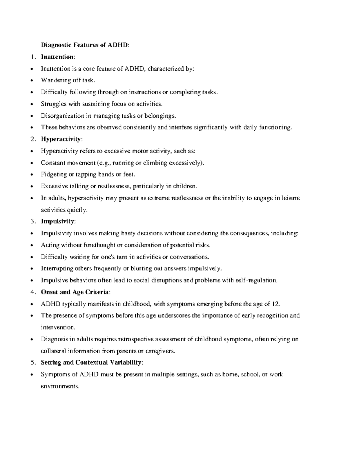 ADHD - Summary introduction to psychology - Diagnostic Features of ADHD ...