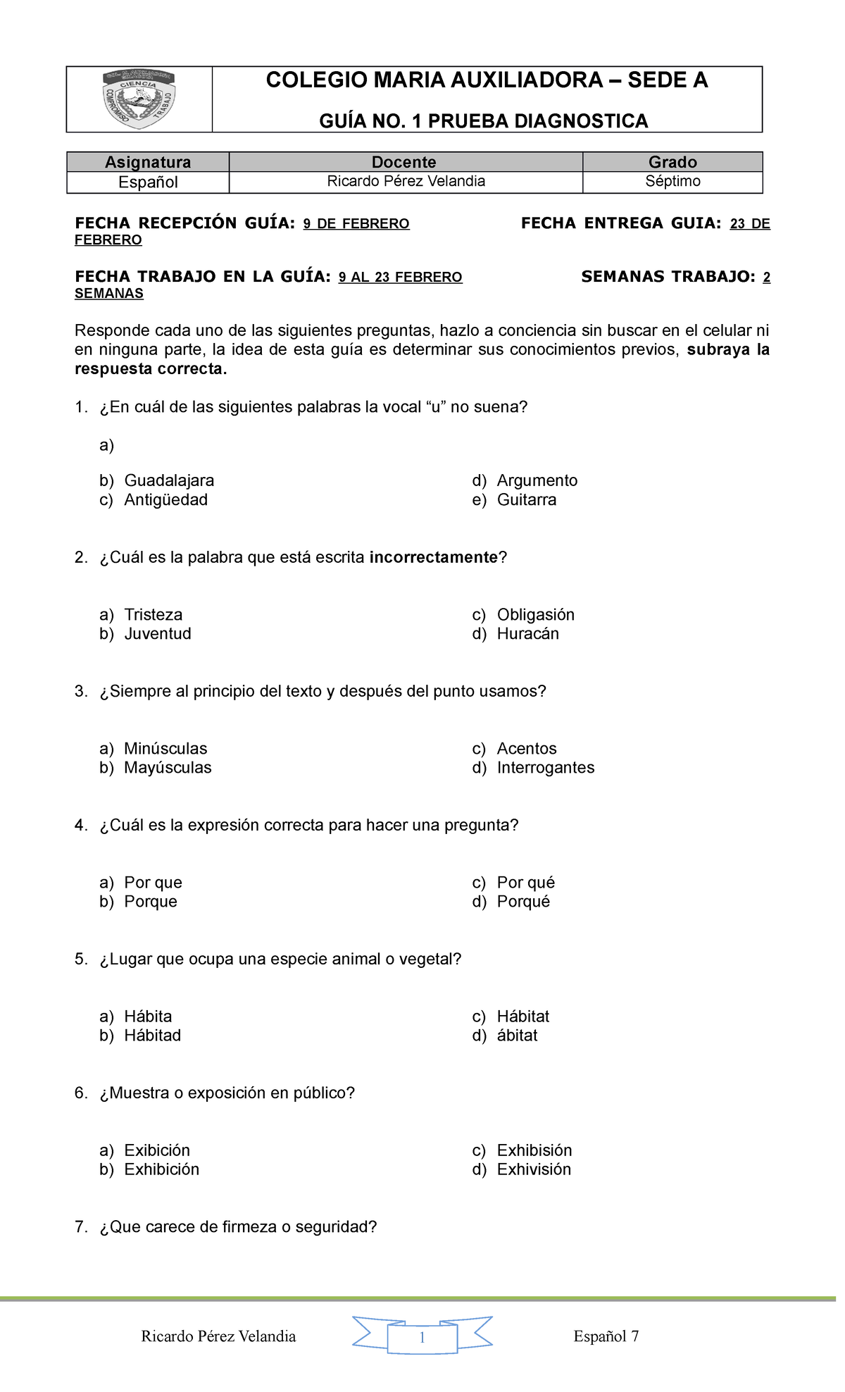 1- GUIA No. 1 Diagnostico Sobre Comprensión DE Lectura - GUÍA NO. 1 ...