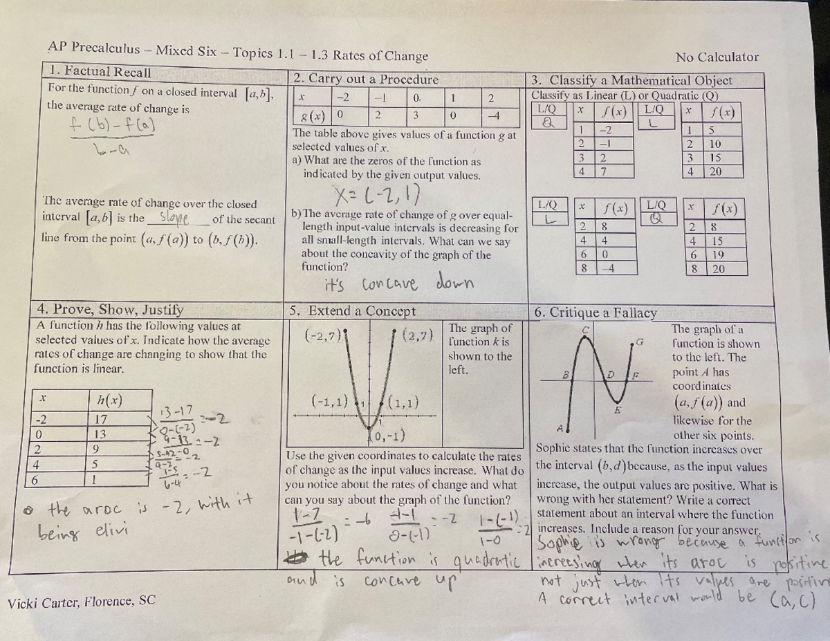 Random Six Homework Packet - AP Precalculus Mixed Six Topics 1 1 Rates ...