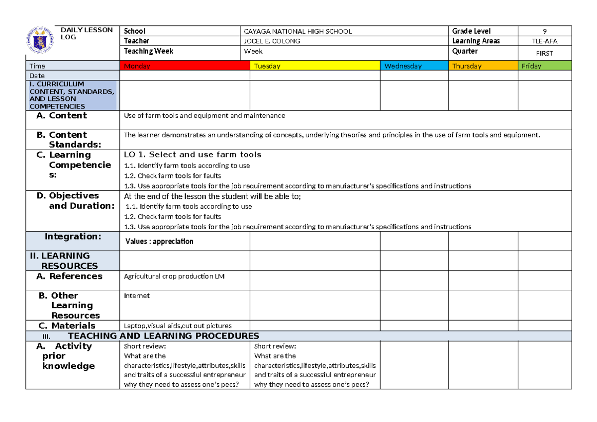 Daily Detailed Lesson Plan Templete - DAILY LESSON LOG School CAYAGA ...