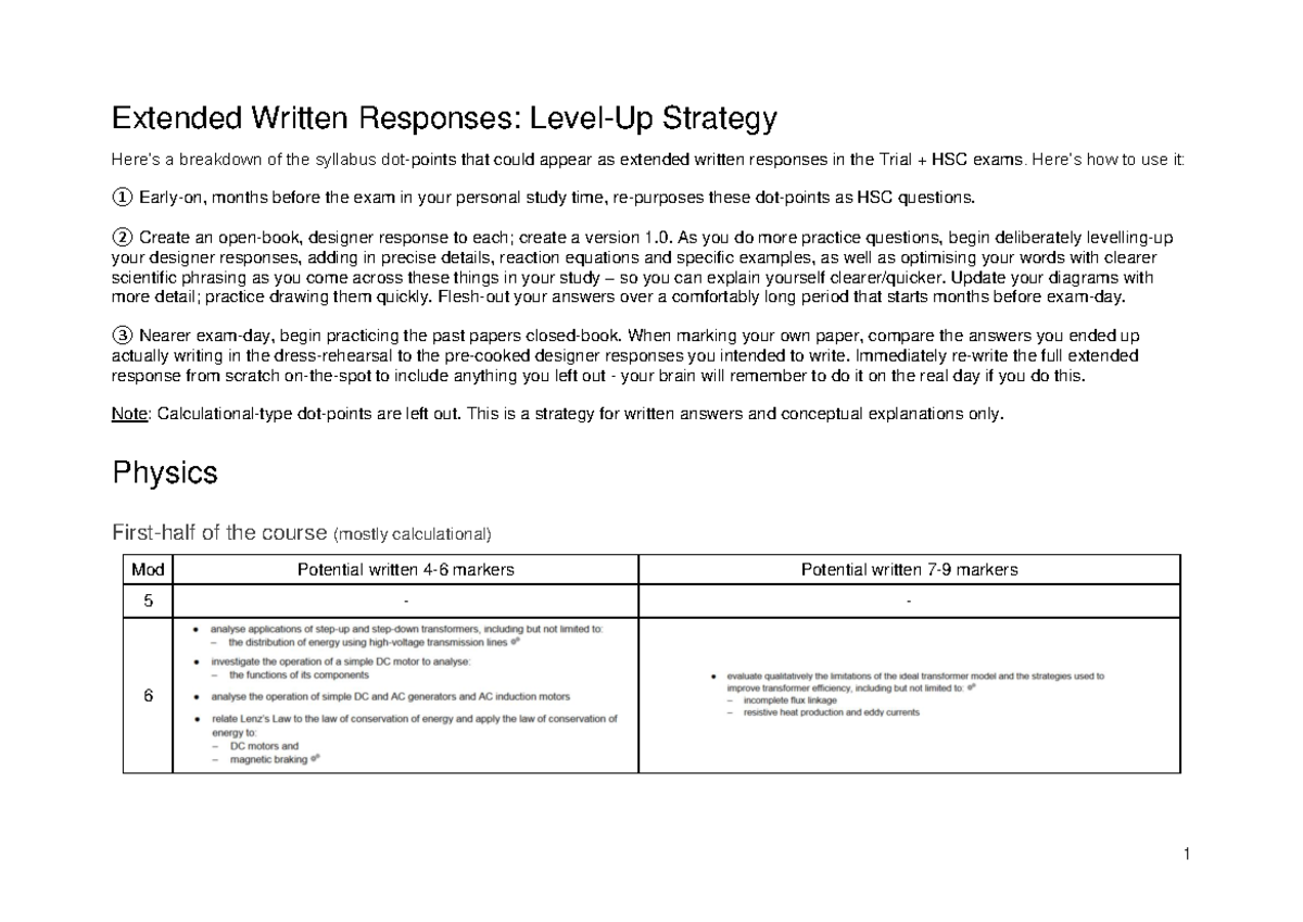 Dotpoints-for HSC - Extended Written Responses: Level-Up Strategy Here ...