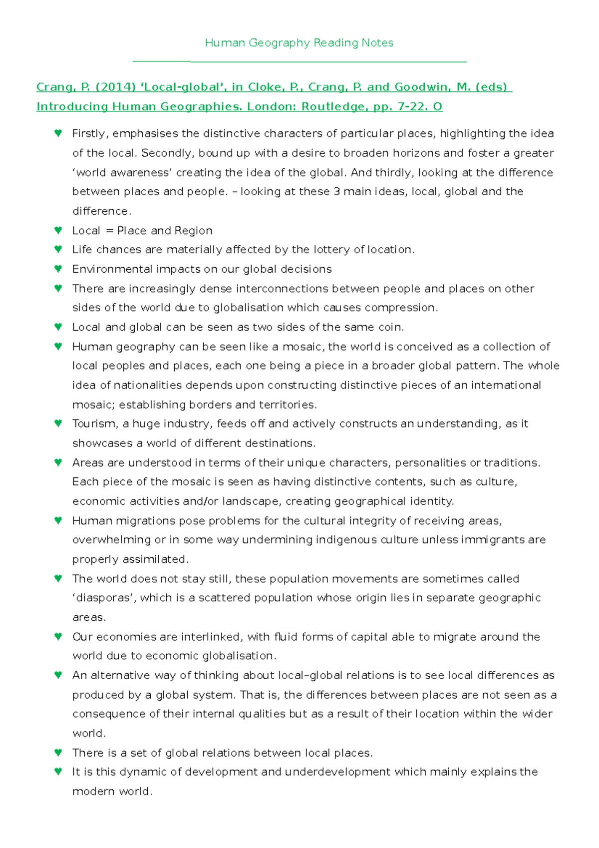 Human Geography Reading Notes - Human Geography Reading Notes Crang, P ...