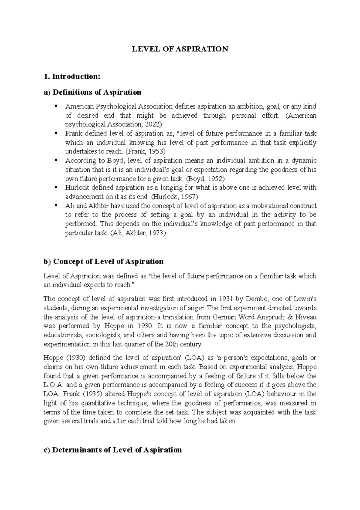 Level OF Aspiration - LEVEL OF ASPIRATION 1. Introduction: a ...