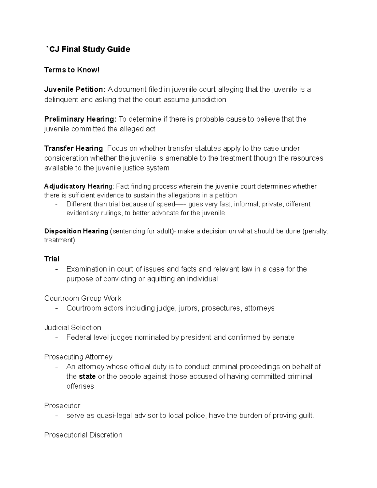 CJ 1 - Criminal Justice Final Study Guide - `CJ Final Study Guide Terms ...