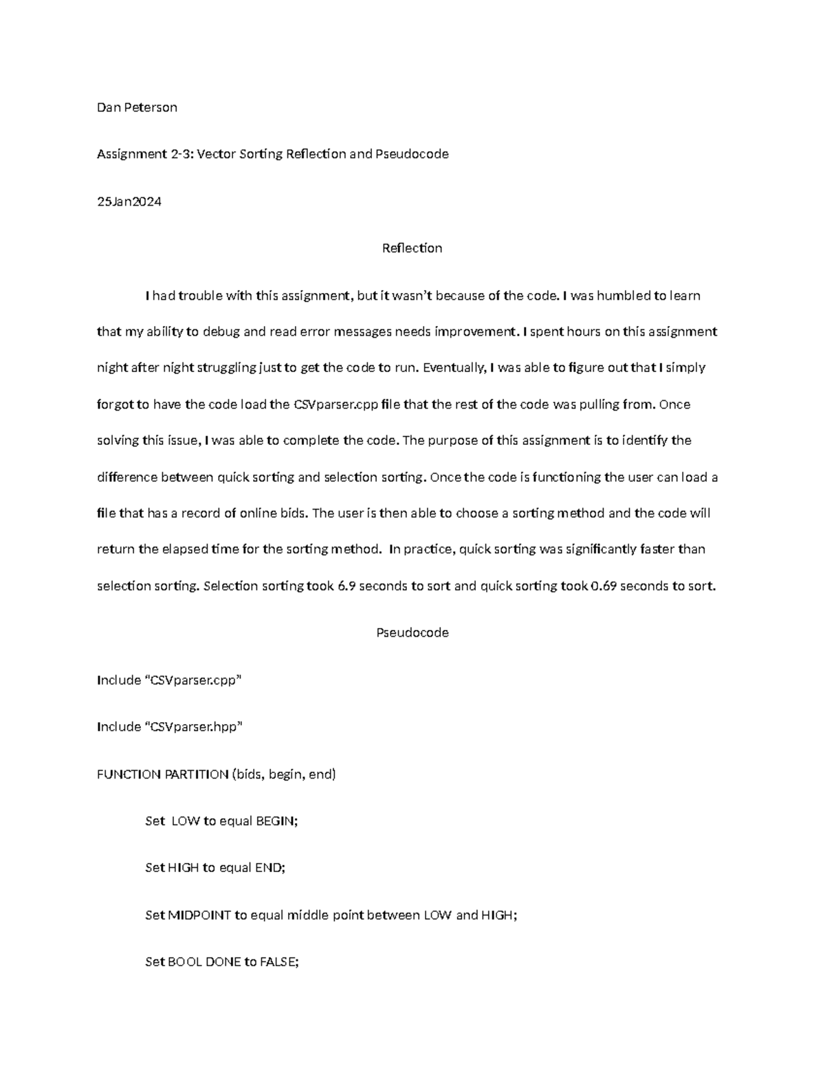 Module 2 code reflection - Dan Peterson Assignment 2-3: Vector Sorting Reflection and Pseudocode ...