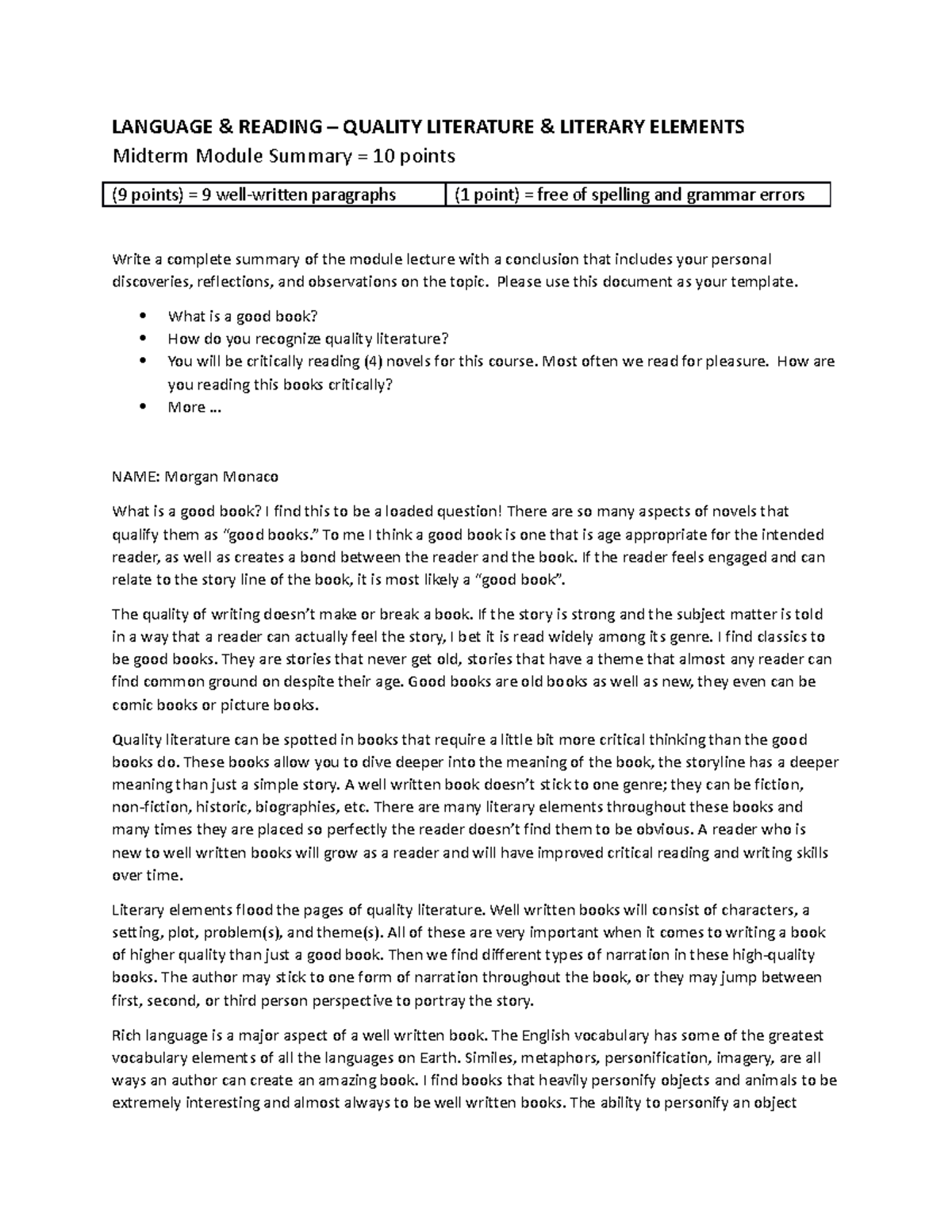 #2 Module Summary (10 points) - LANGUAGE & READING – QUALITY LITERATURE ...