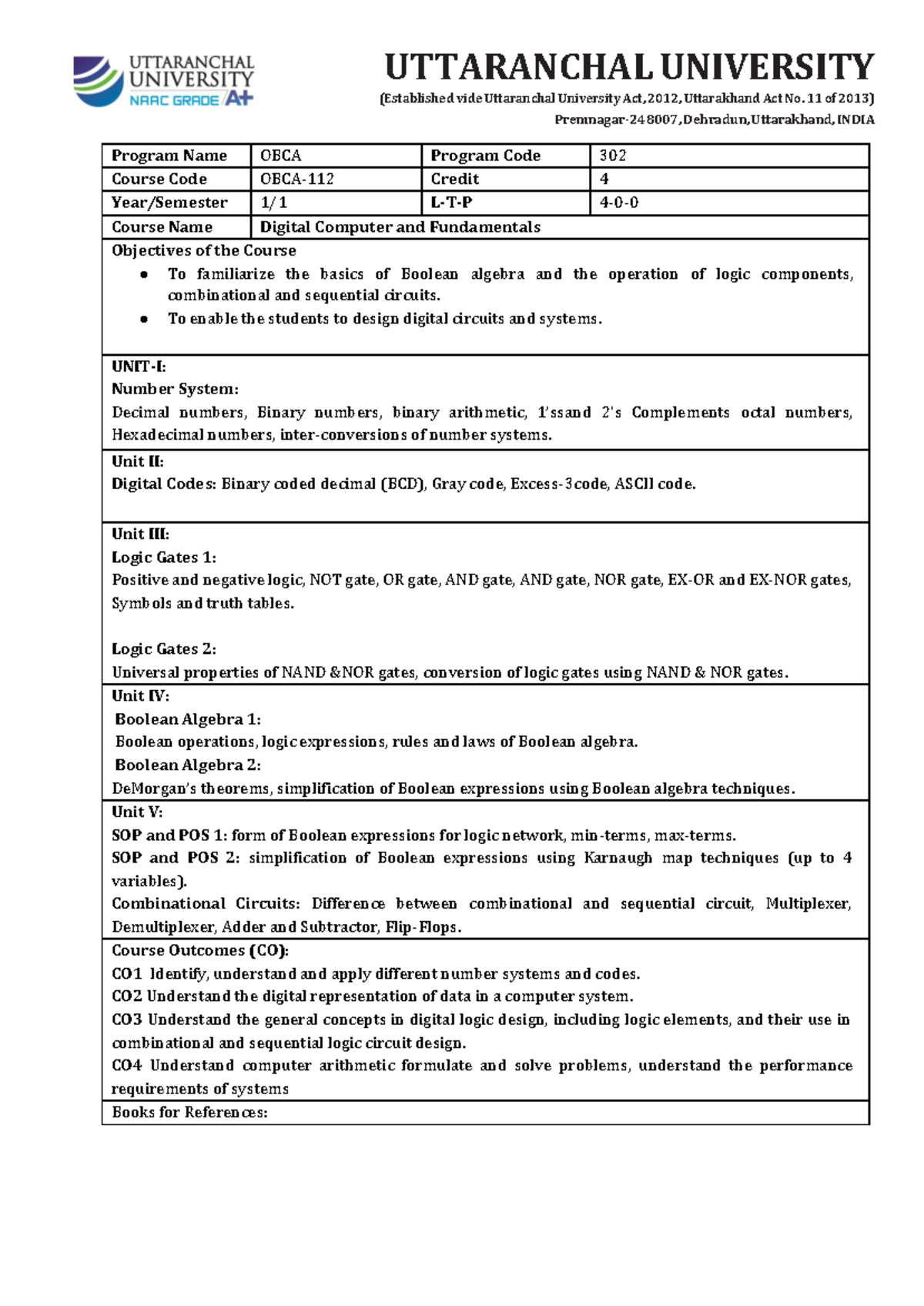 Syllabus Digital Computer And Fundamental - UTTARANCHAL UNIVERSITY ...
