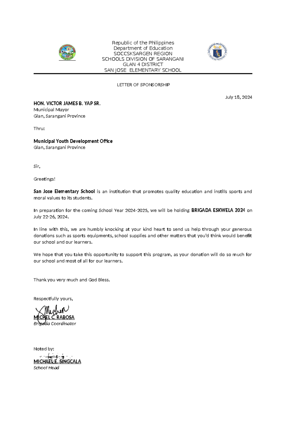Brigada 2024 Solicitation Letter 12000 5 - Republic of the Philippines ...
