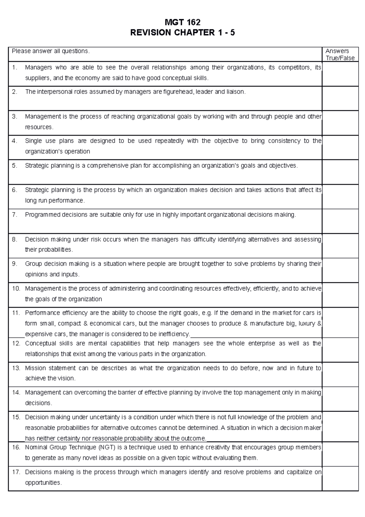 Revision Exercise - MGT 162 REVISION CHAPTER 1 - 5 Please answer all ...