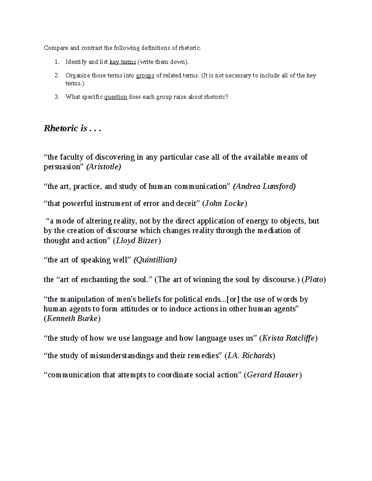 Definitions of Rhetoric (Handout) - Compare and contrast the following ...