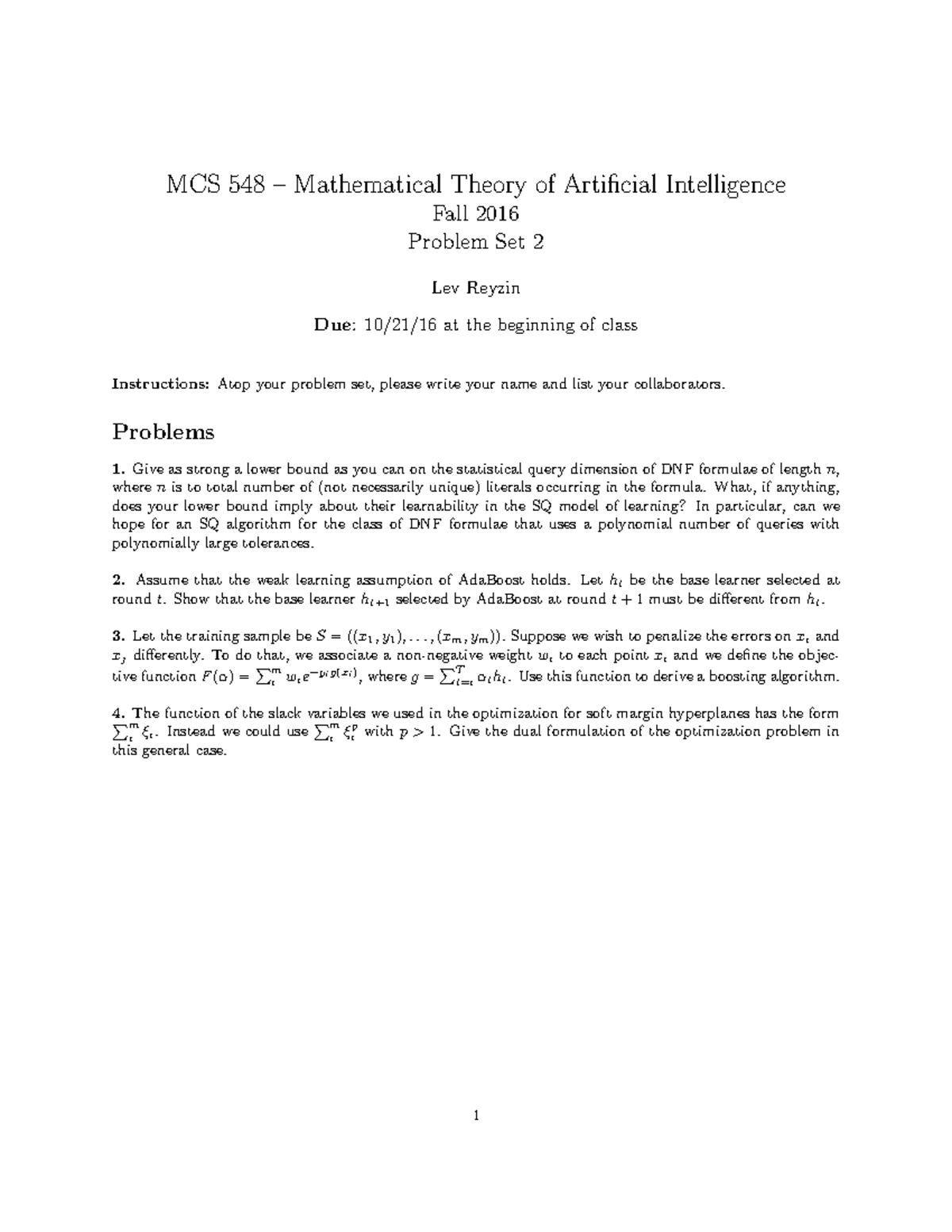 MCS 548 – Problem Set 2 - MCS 548 Mathematical Theory of Artificial ...
