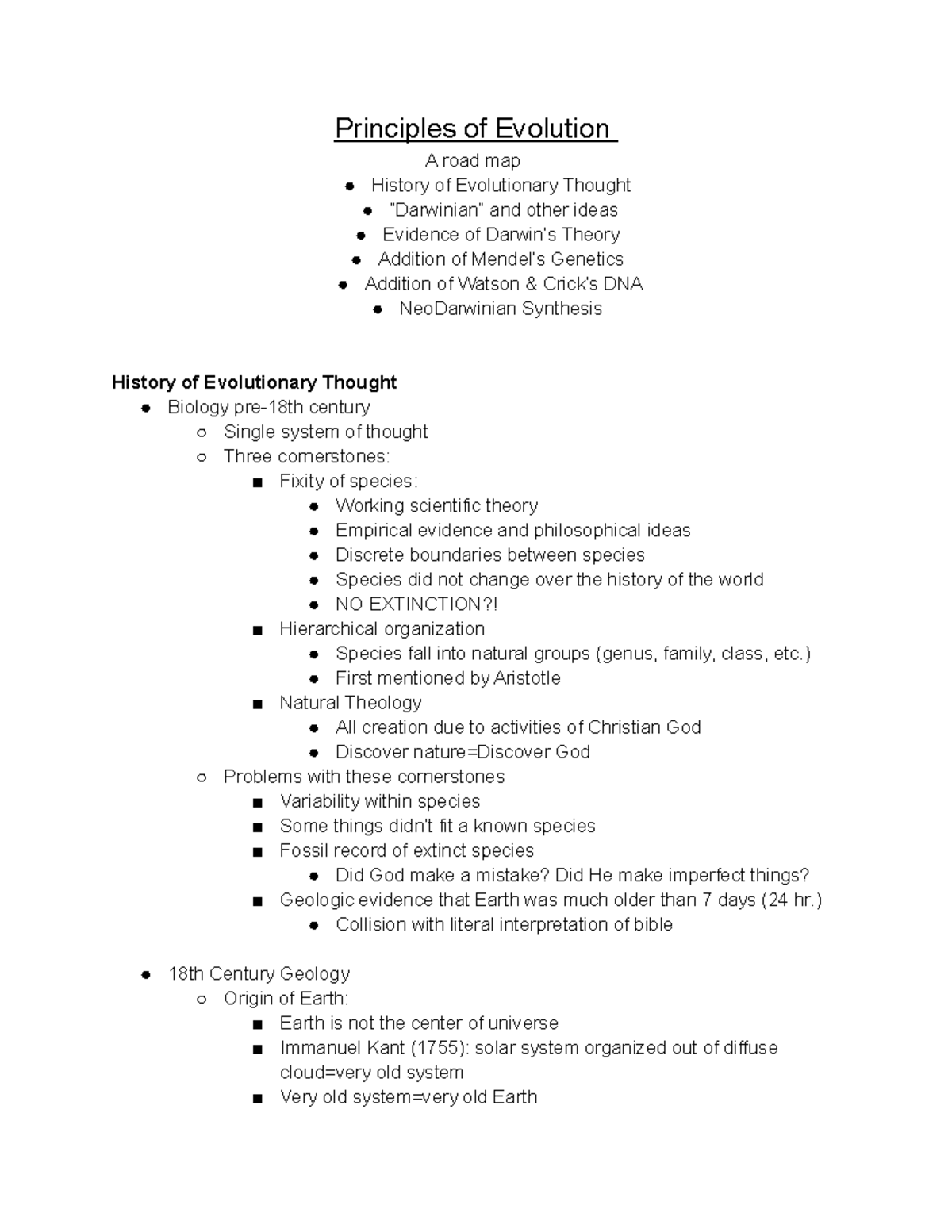 Biology 100 Notes; Part 3 - Principles of Evolution A road map History ...