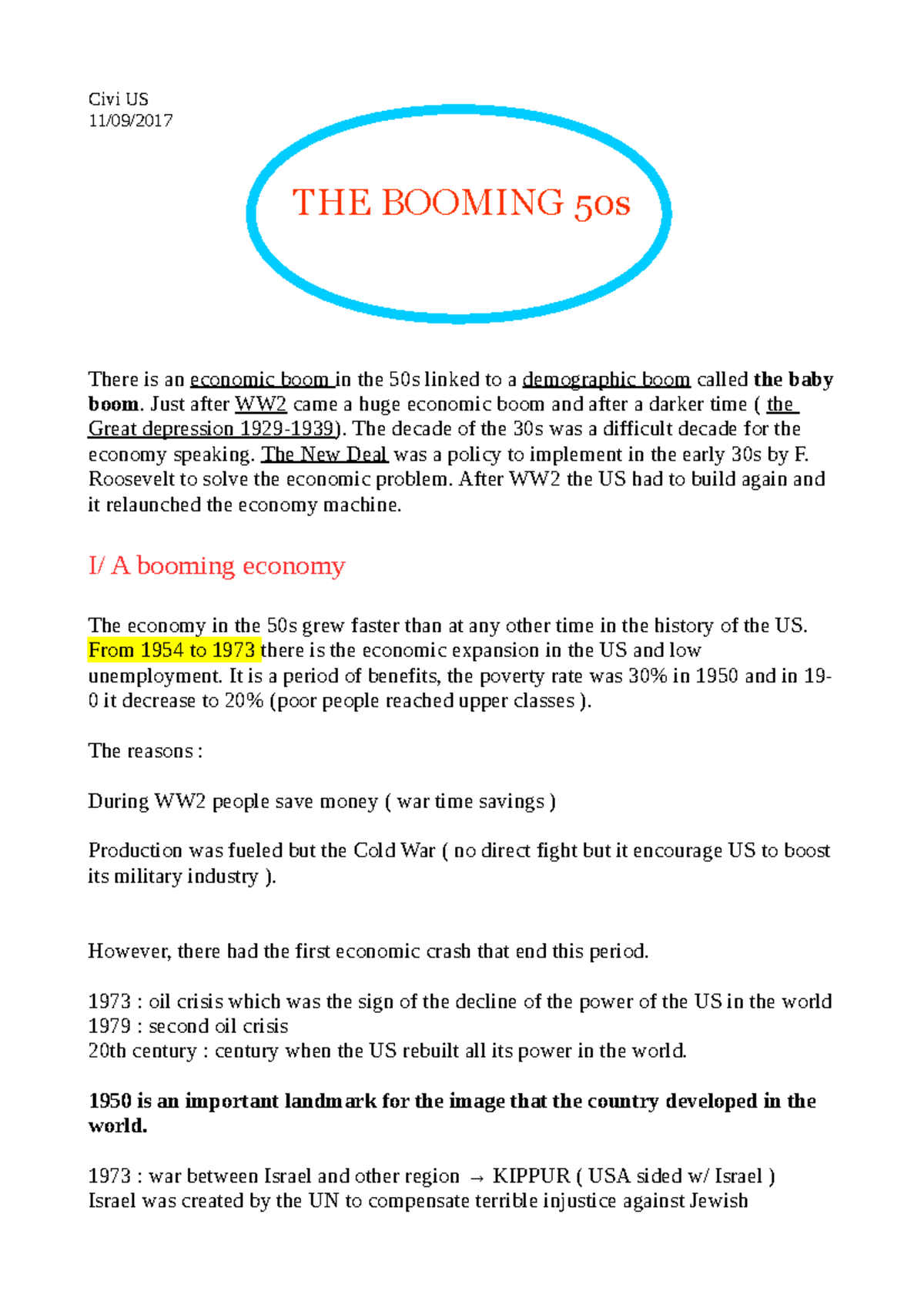A booming economy - cours - Civi US 11/09/ THE BOOMING 50s There is an ...