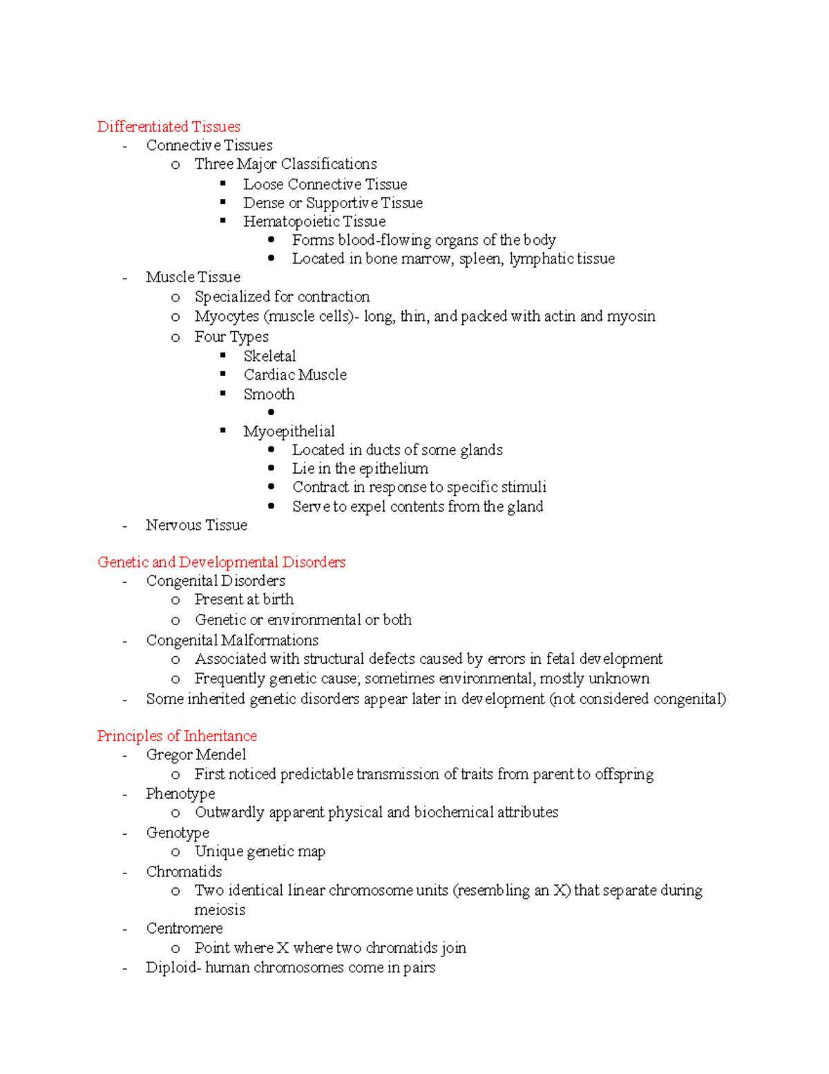 NURS510 Notes (Content for Exam 1) - Differentiated Tissues ...