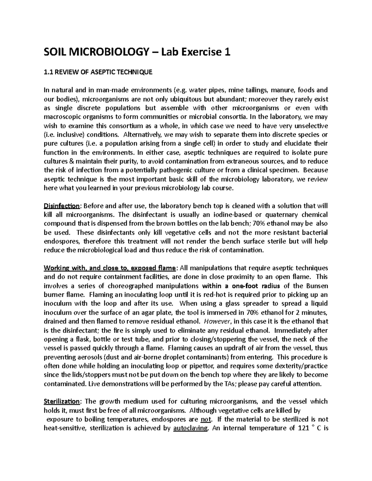 Manual - SOIL Microbiology F20 - SOIL MICROBIOLOGY – Lab Exercise 1 1 REVIEW OF ASEPTIC ...