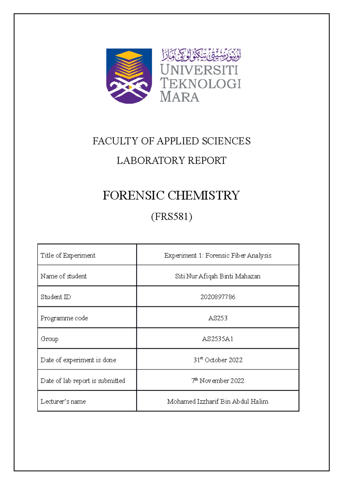 Lab Report FRS581 Forensic Fiber Analysis - FACULTY OF APPLIED SCIENCES ...