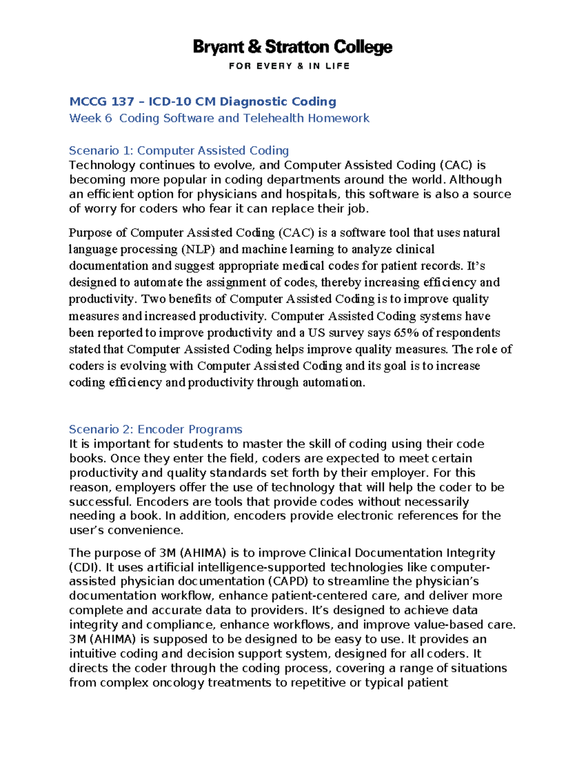 Coding Software and Telehealth Homework Assignment - MCCG 137 – ICD-10 ...