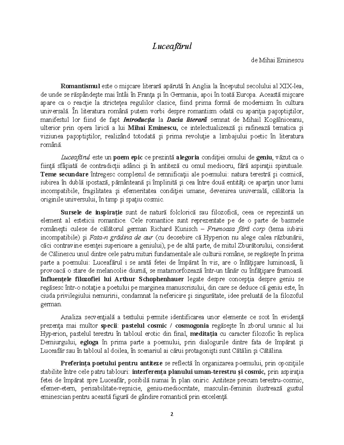 Luceafarul (nivel mediu) - 2 Luceafărul de Mihai Eminescu Romantismul ...