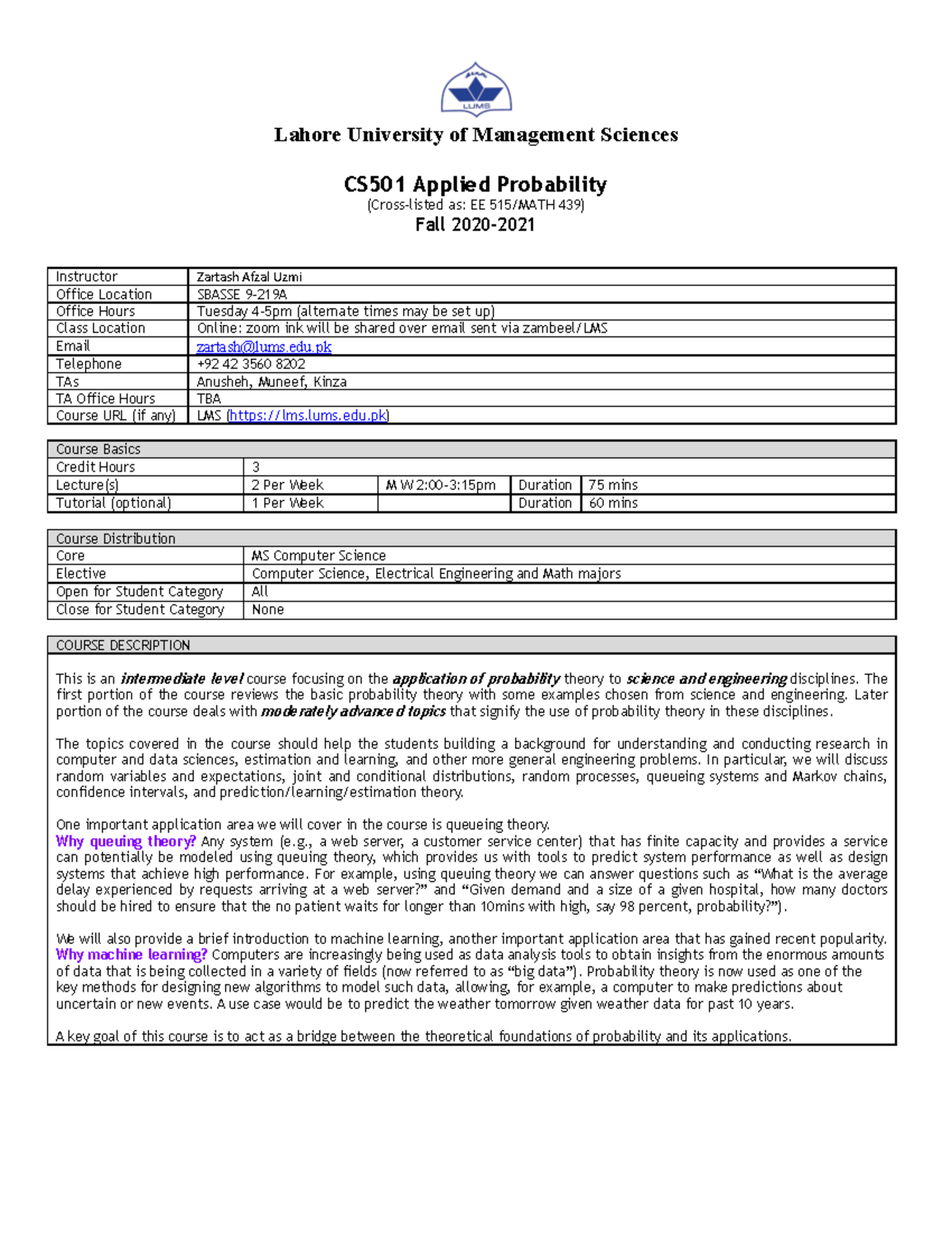 CS501 Outline Fall2020 2021 - Warning: TT: undefined function: 32 Lahore University of ...