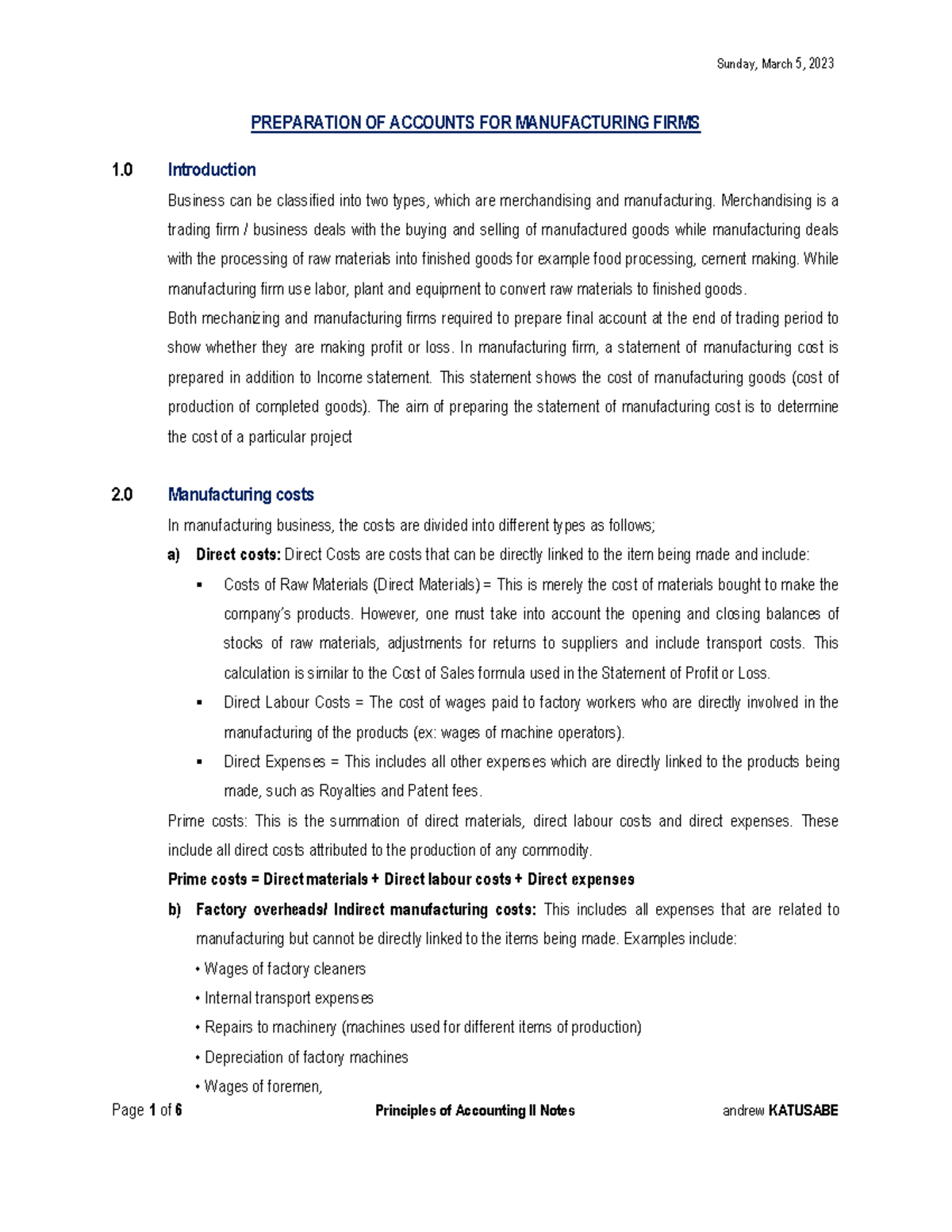 Manufacturing Account Notes - PREPARATION OF ACCOUNTS FOR MANUFACTURING ...