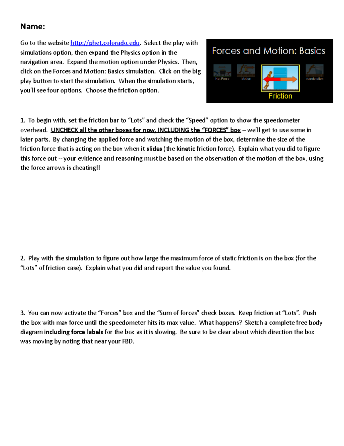 Forces and Motion Basics with Friction - Name: Go to the website phet ...