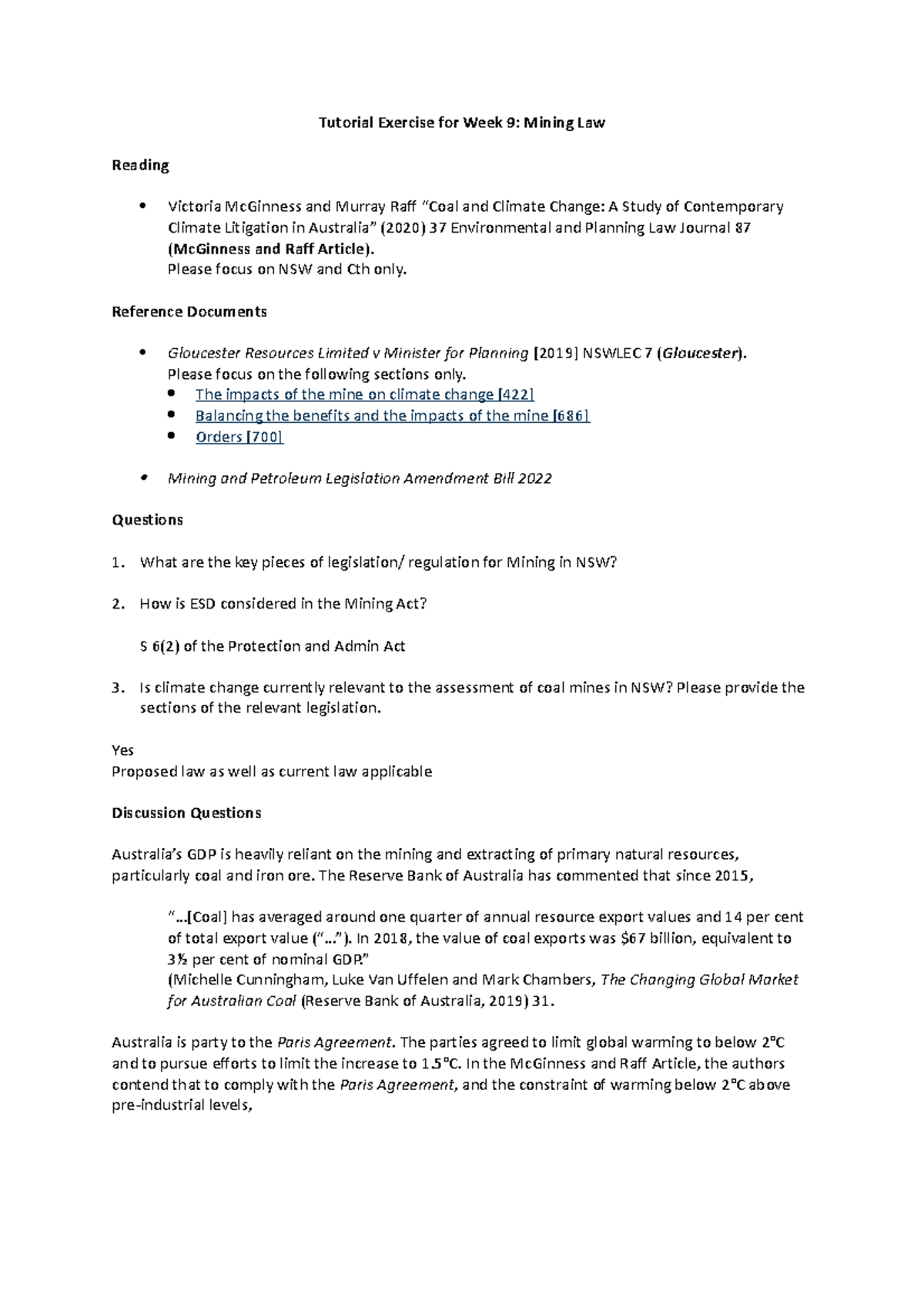 Tutorial Exercise for Week 9 - Please focus on NSW and Cth only. Reference Documents Gloucester ...