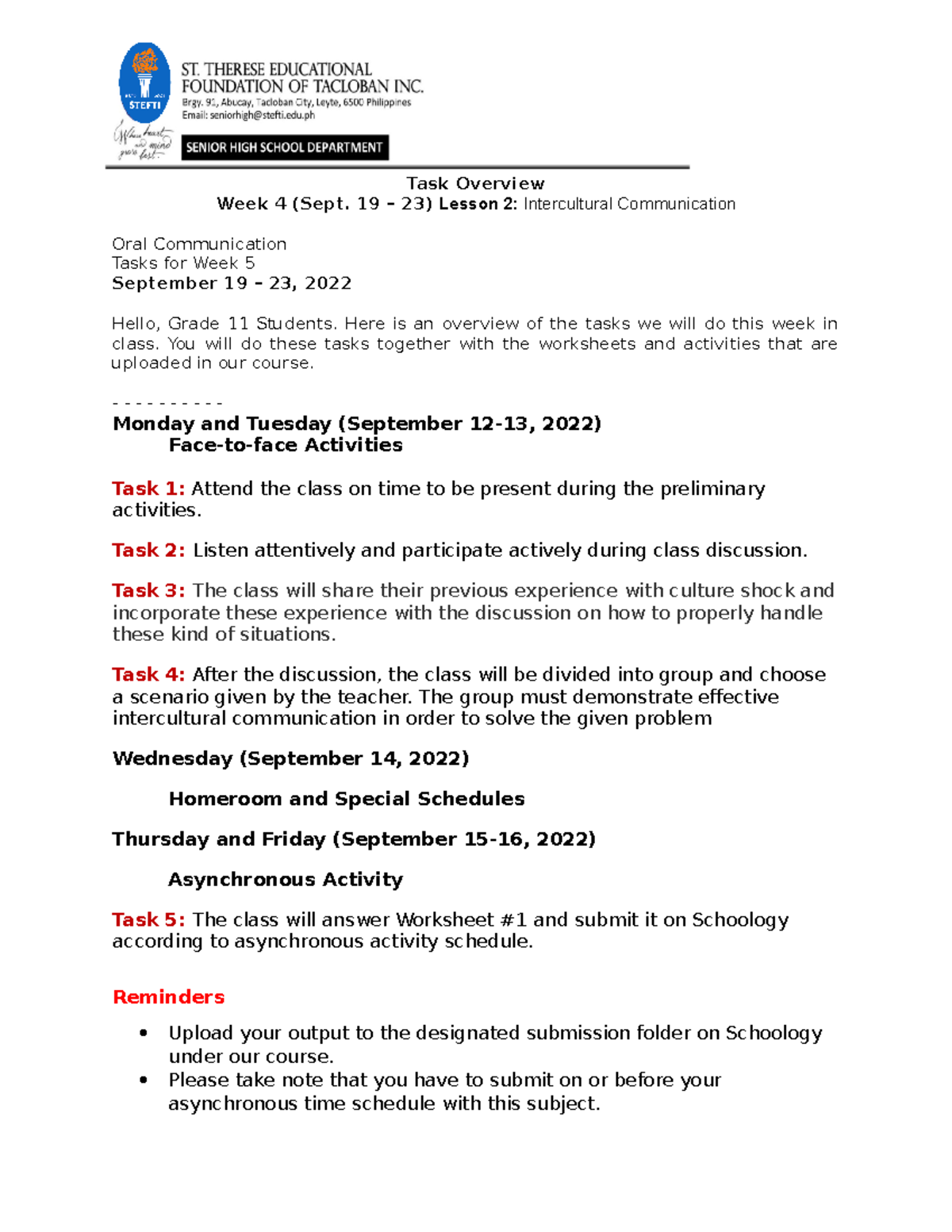Week 5 - Task Overview - Task Overview Week 4 (Sept. 19 – 23) Lesson 2 ...