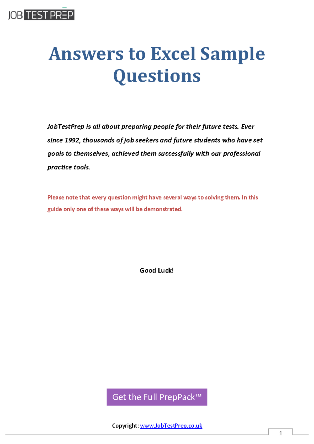 Excel sample question answers - Copyright:JobTestPrep.co Answers to ...