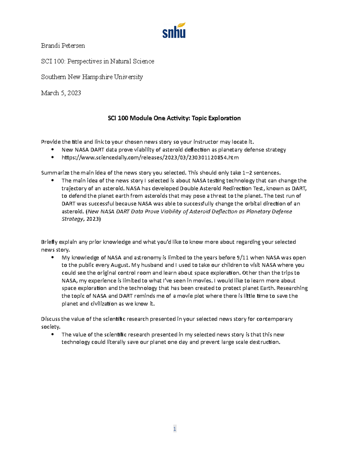 SCI 100 Module One Activity 3 - Brandi Petersen SCI 100: Perspectives ...