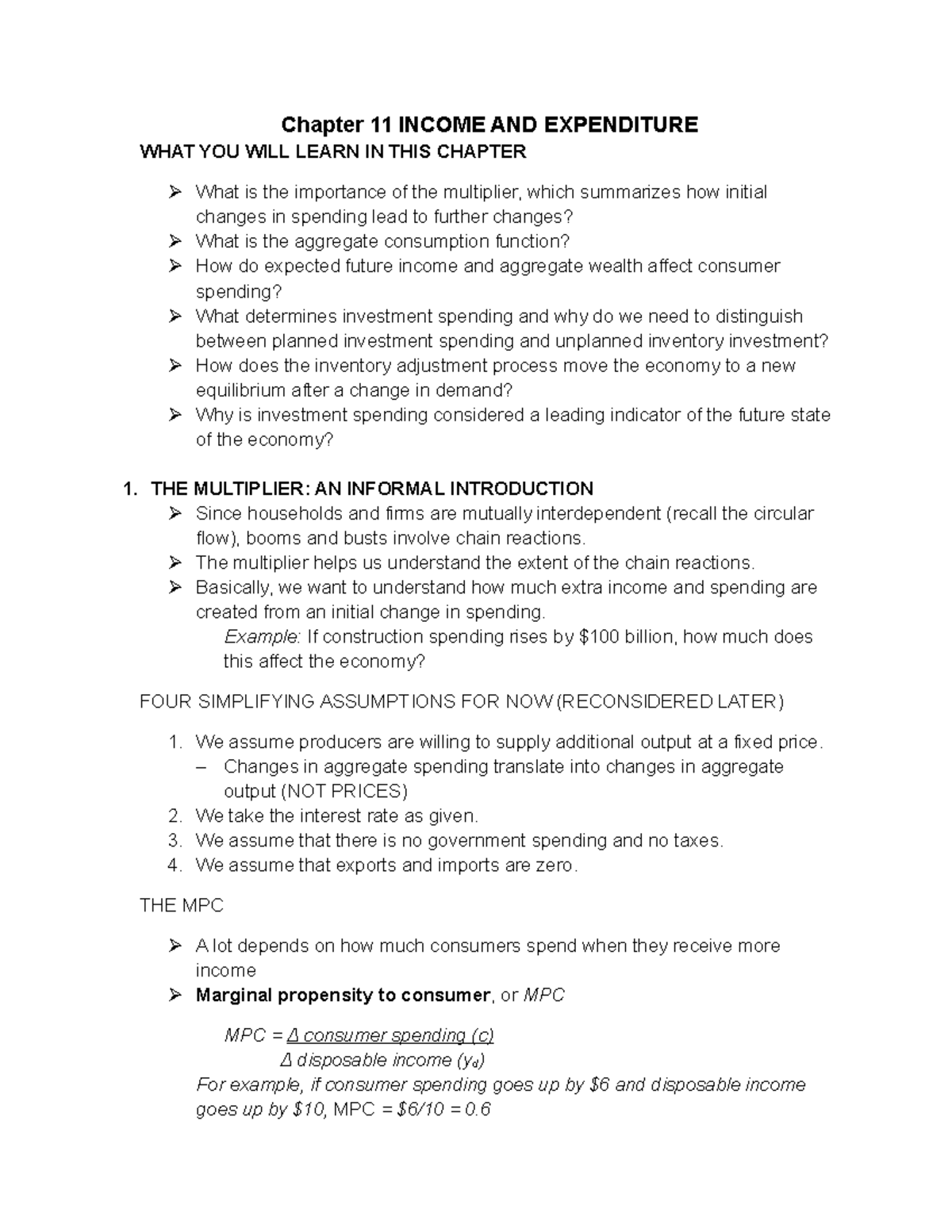 Chapter 11 Notes - Chapter 11 INCOME AND EXPENDITURE WHAT YOU WILL ...