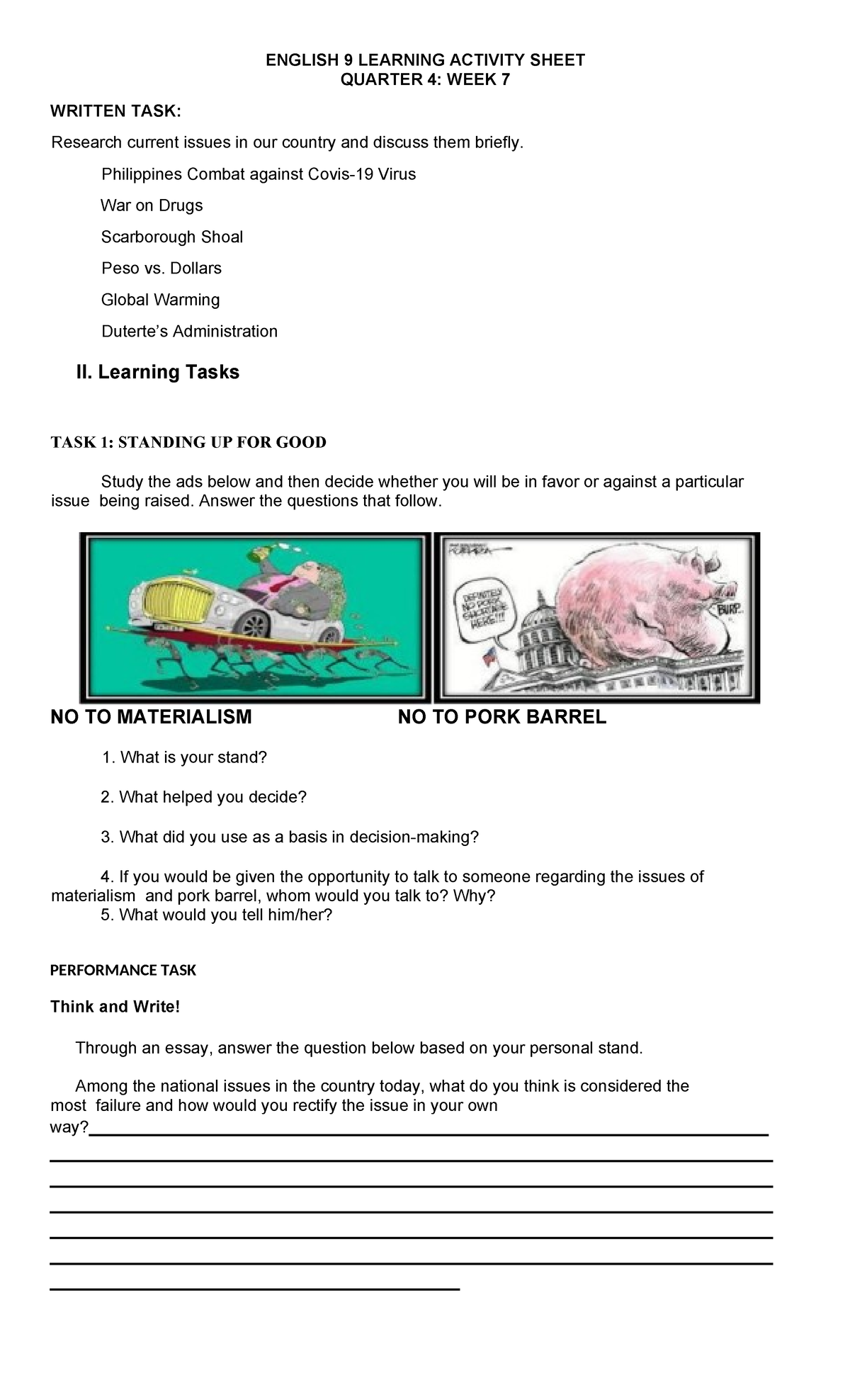 English 9 Learning Activity Sheet Q4 WEEK 7 - ENGLISH 9 LEARNING ACTIVITY SHEET QUARTER 4: WEEK ...