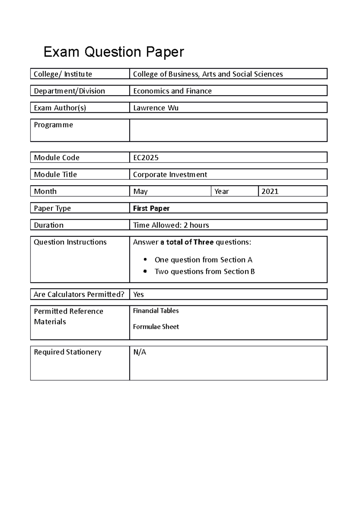 May 2021 Exam Question and answer - Exam Question Paper College ...
