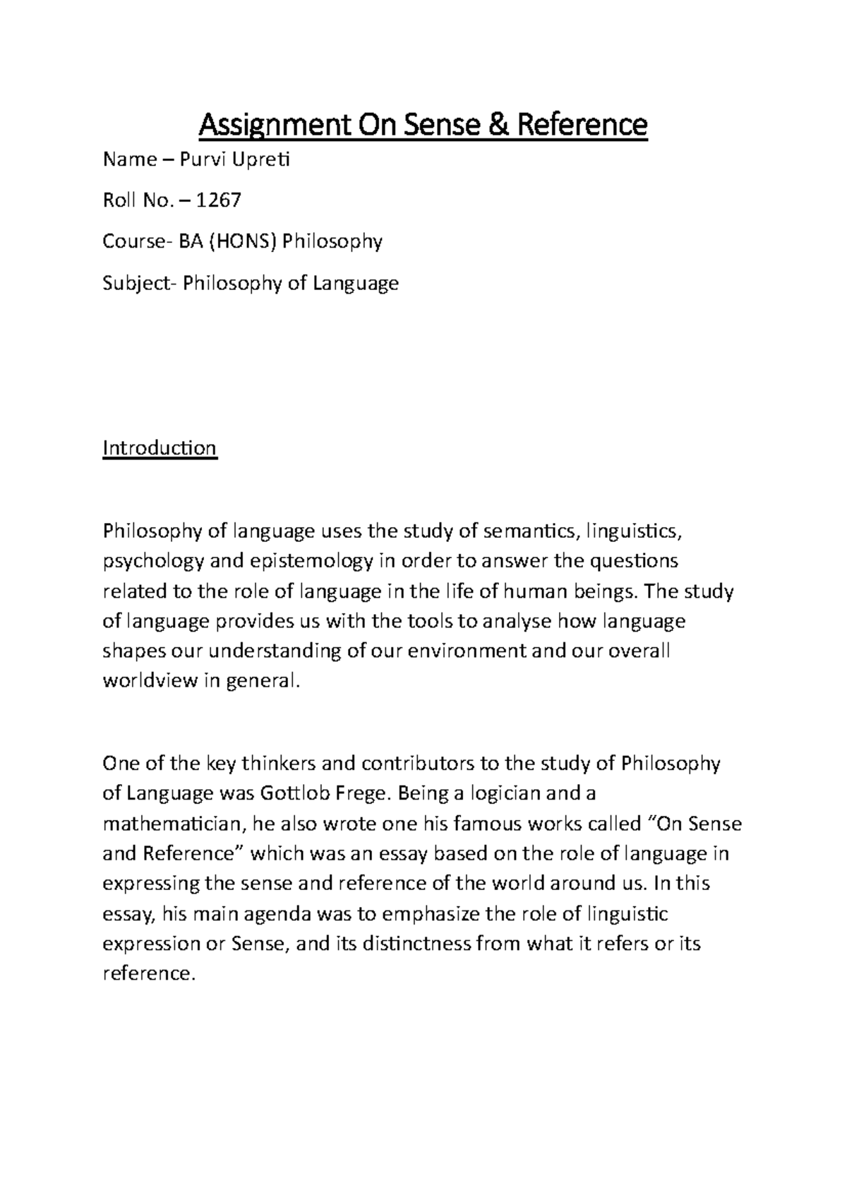 Assignment On Sense and Reference - Assignment On Sense & Reference ...