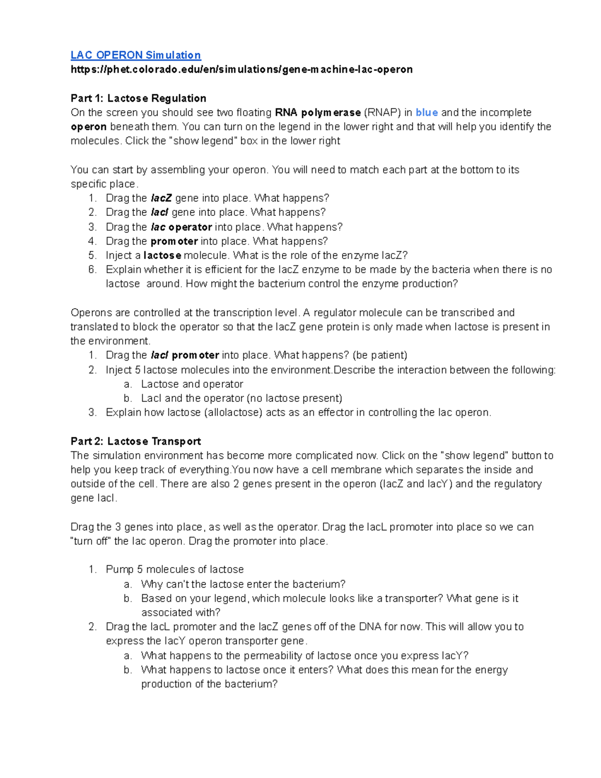 Tutorial 6 - Practice for lesson - LAC OPERON Simulation - Studocu