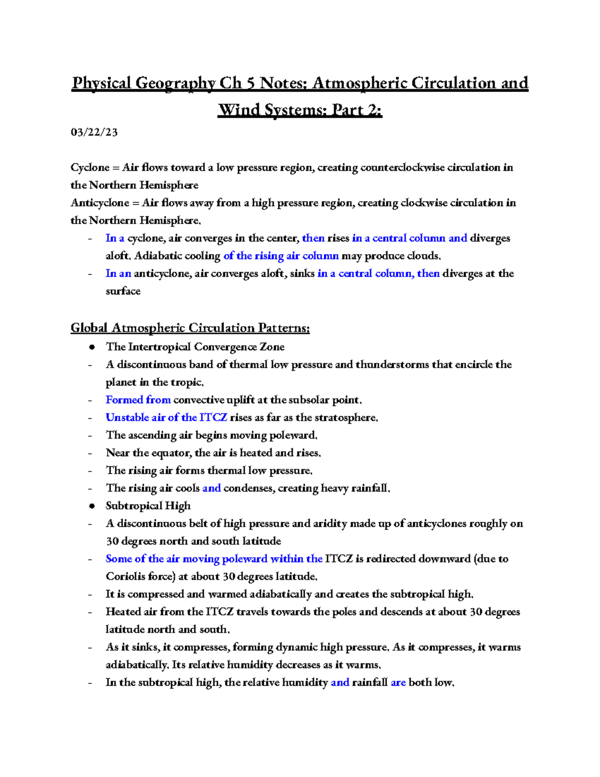 Physical Geography Ch 5 Notes Atmospheric Circulation and Wind Systems ...