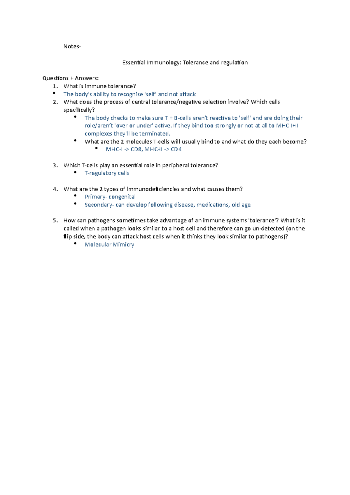 Essential Immunology- Tolerance and regulation Questions + Answers ...